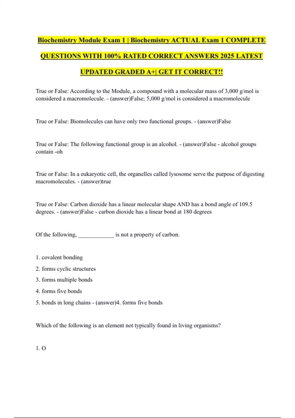 Biochemistry Module Exam 1 | Biochemistry ACTUAL Exam 1 COMPLETE ...