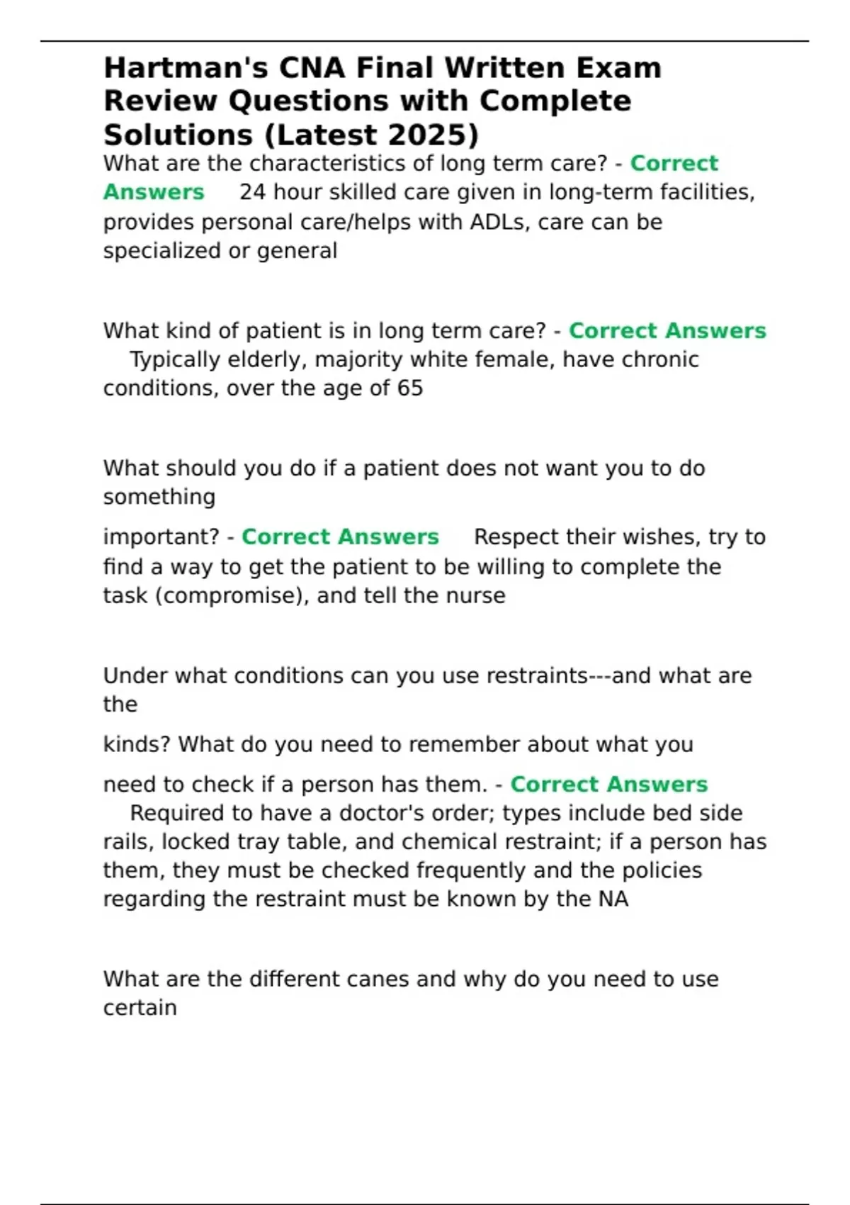 Hartman-s CNA Final Written Exam Review Questions with Complete ...