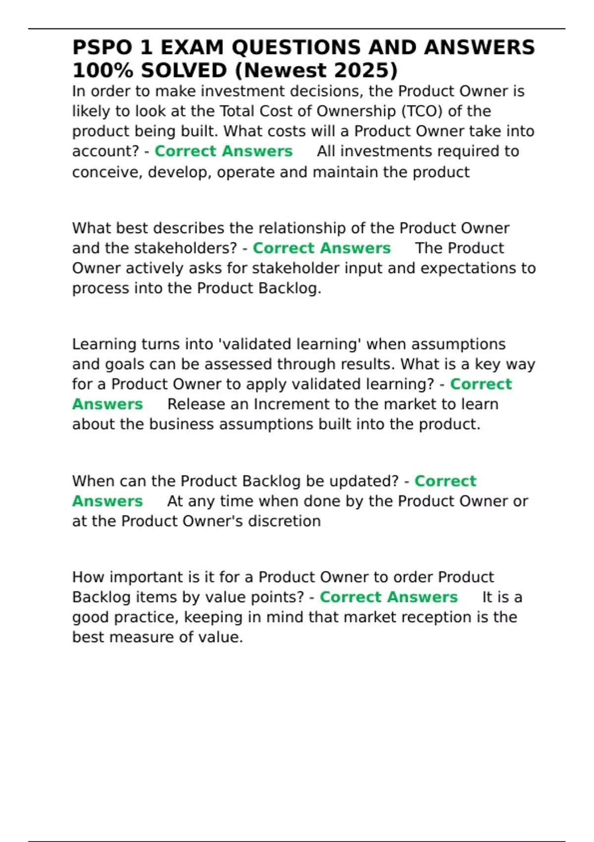 PSPO 1 EXAM QUESTIONS AND ANSWERS 100- SOLVED (Newest 2025). - PSPO 1 ...