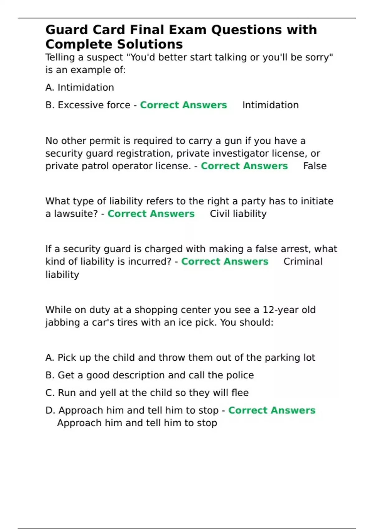 Guard Card Final Exam Questions with Complete Solutions - Power to ...