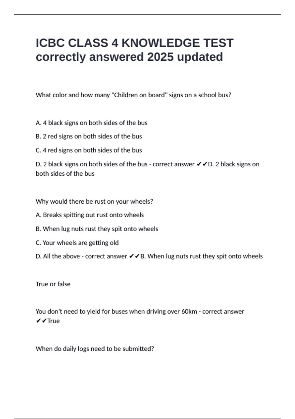 ICBC CLASS 4 KNOWLEDGE TEST correctly answered 2025 updated - ICBC ...