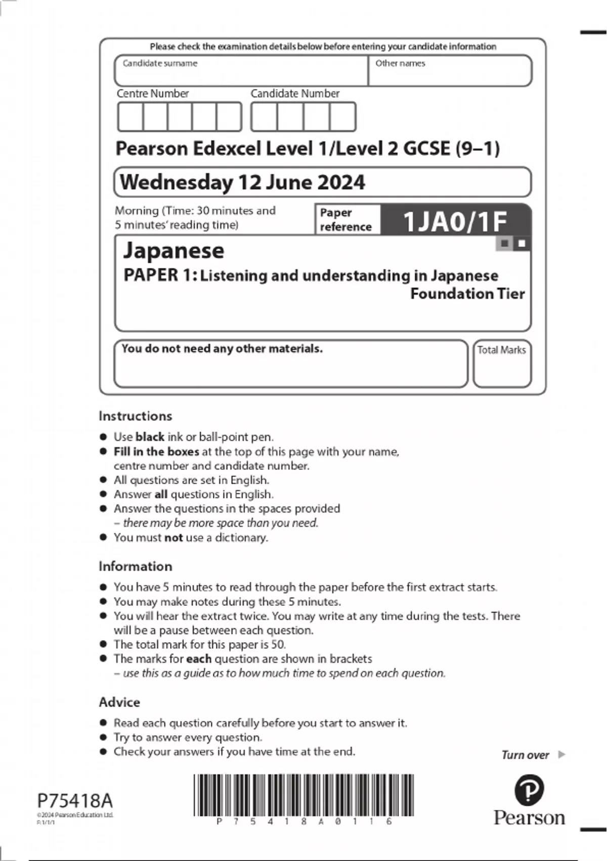 Pearson Edexcel Level 1/Level 2 GCSE (9–1) Japanese PAPER 1: Listening ...