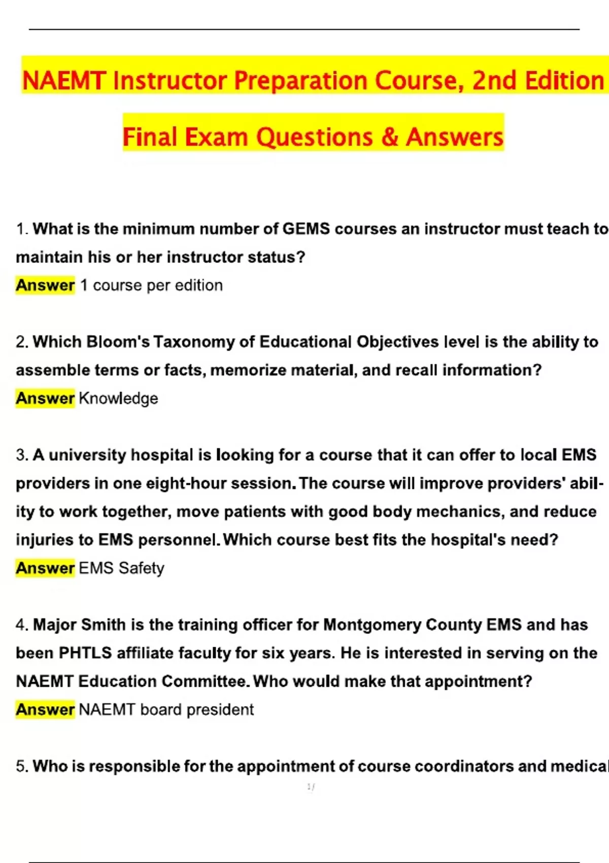 NAEMT BUNDLED EXAMS NAEMT Instructor Test / NAEMT Instructor ...