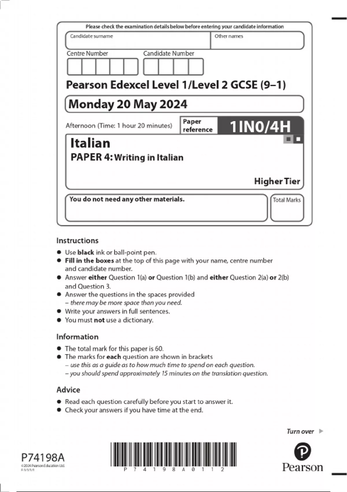 Pearson Edexcel Level 1/Level 2 GCSE (9–1) Italian PAPER 4: Writing in ...