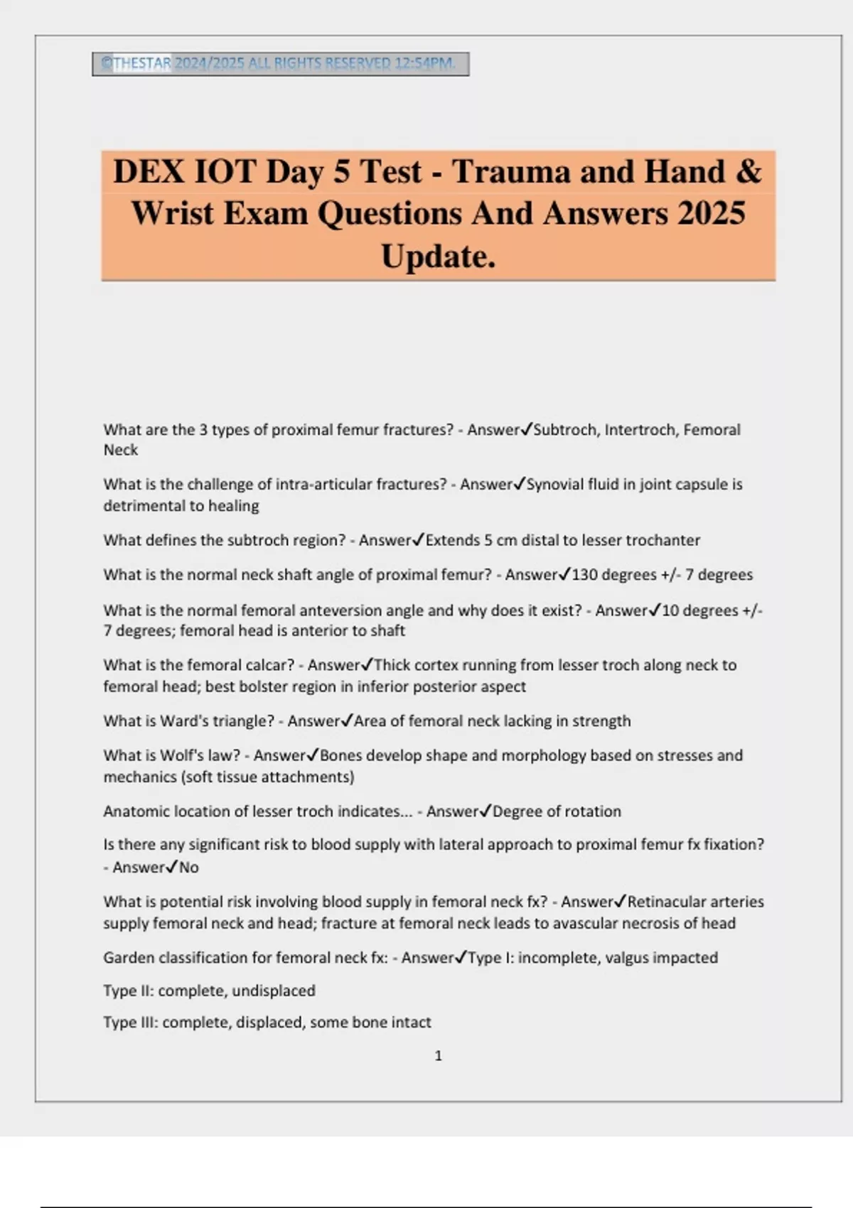 DEX IOT Day 5 Test - Trauma and Hand & Wrist Exam Questions And Answers ...