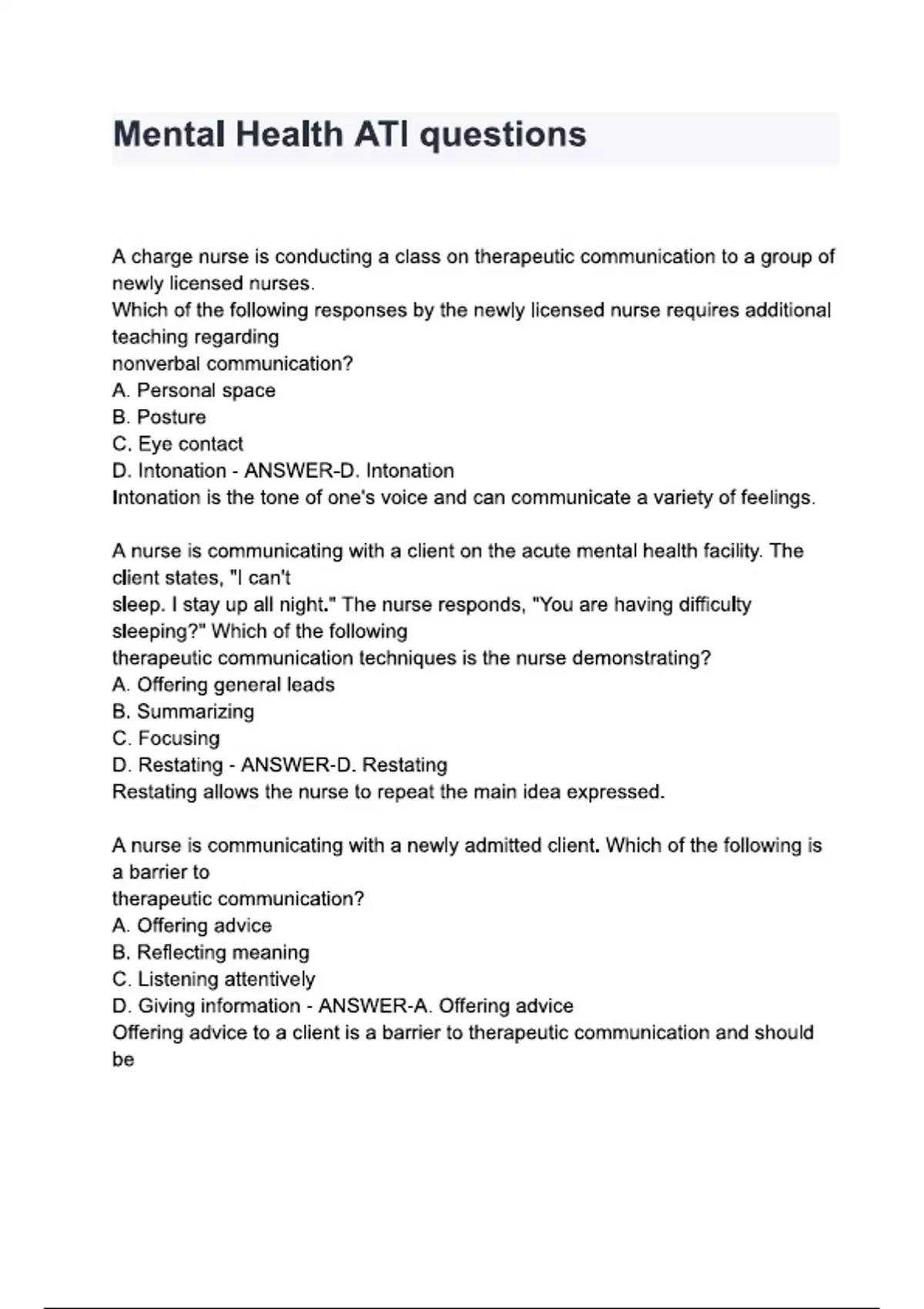 Mental Health ATI questions and answers - ATI RN. - Stuvia US