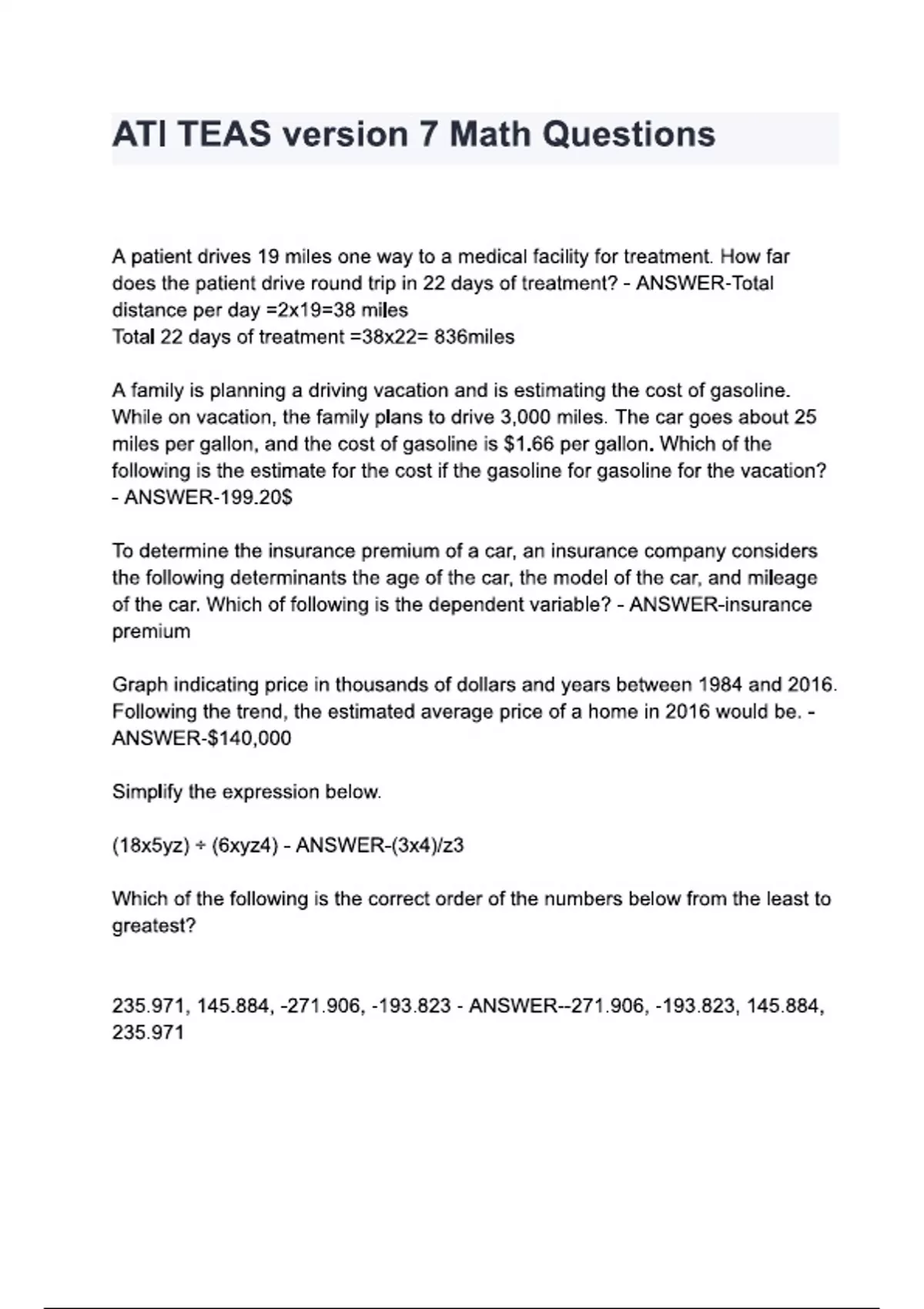 ATI TEAS version 7 Math Questions and answers. - ATI RN. - Stuvia US