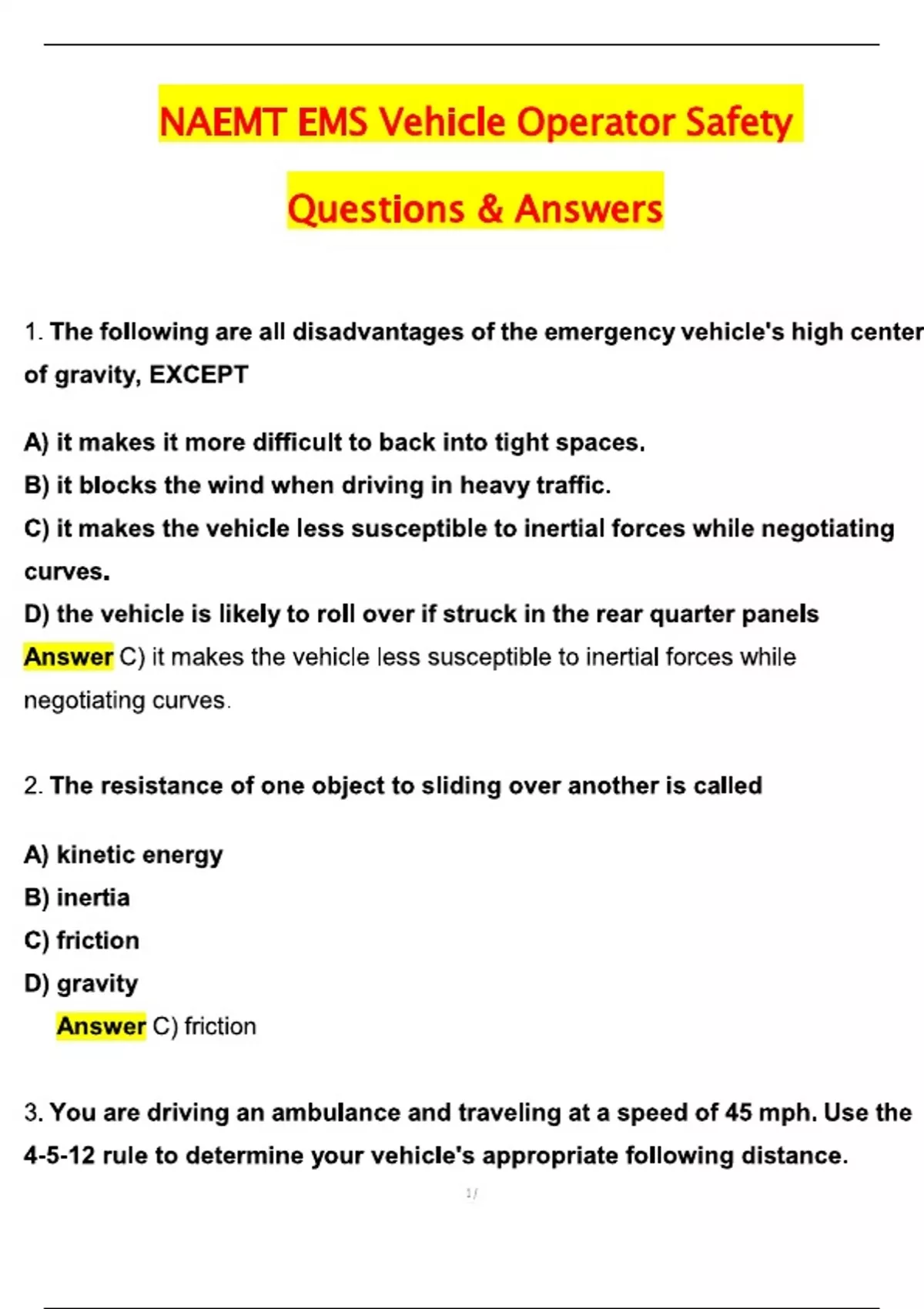 NAEMT EMS Vehicle Operator Safety (Latest 2025 / 2026 Update) Questions ...
