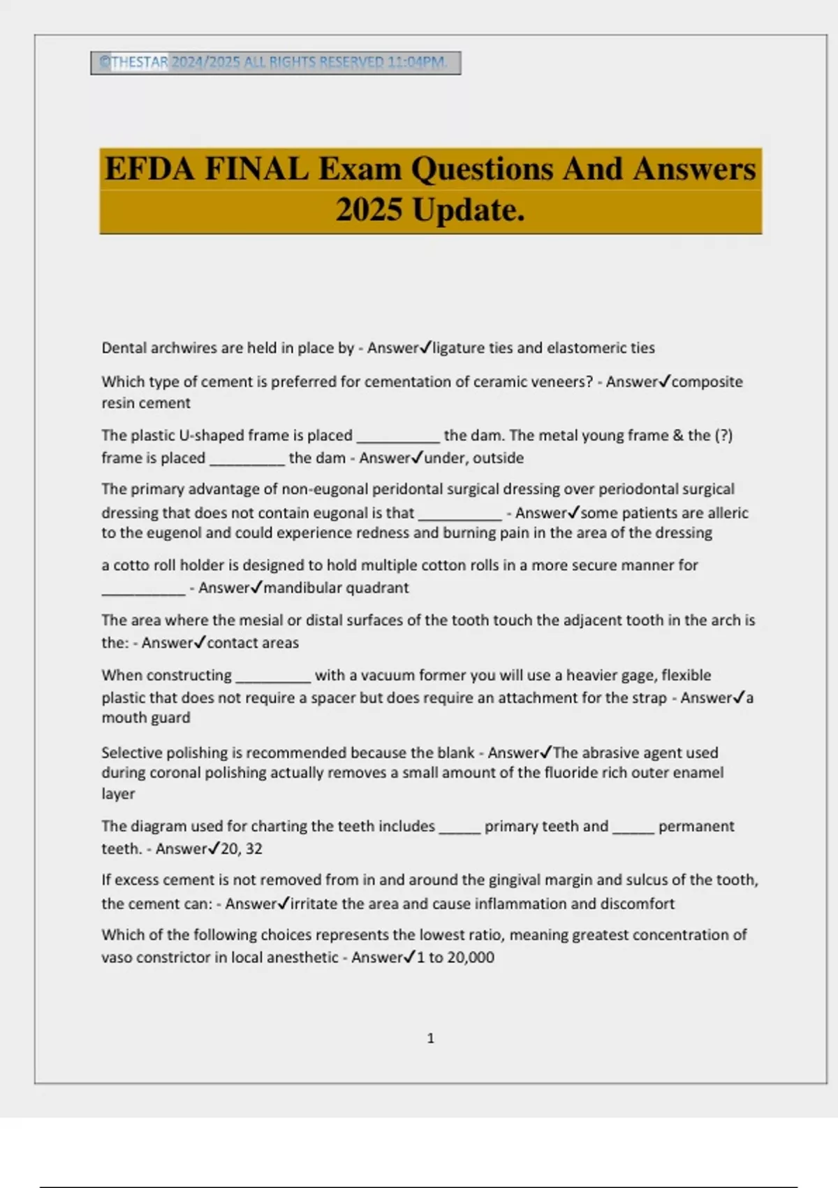 EFDA FINAL Exam Questions And Answers 2025 Update. - EFDA - Stuvia US