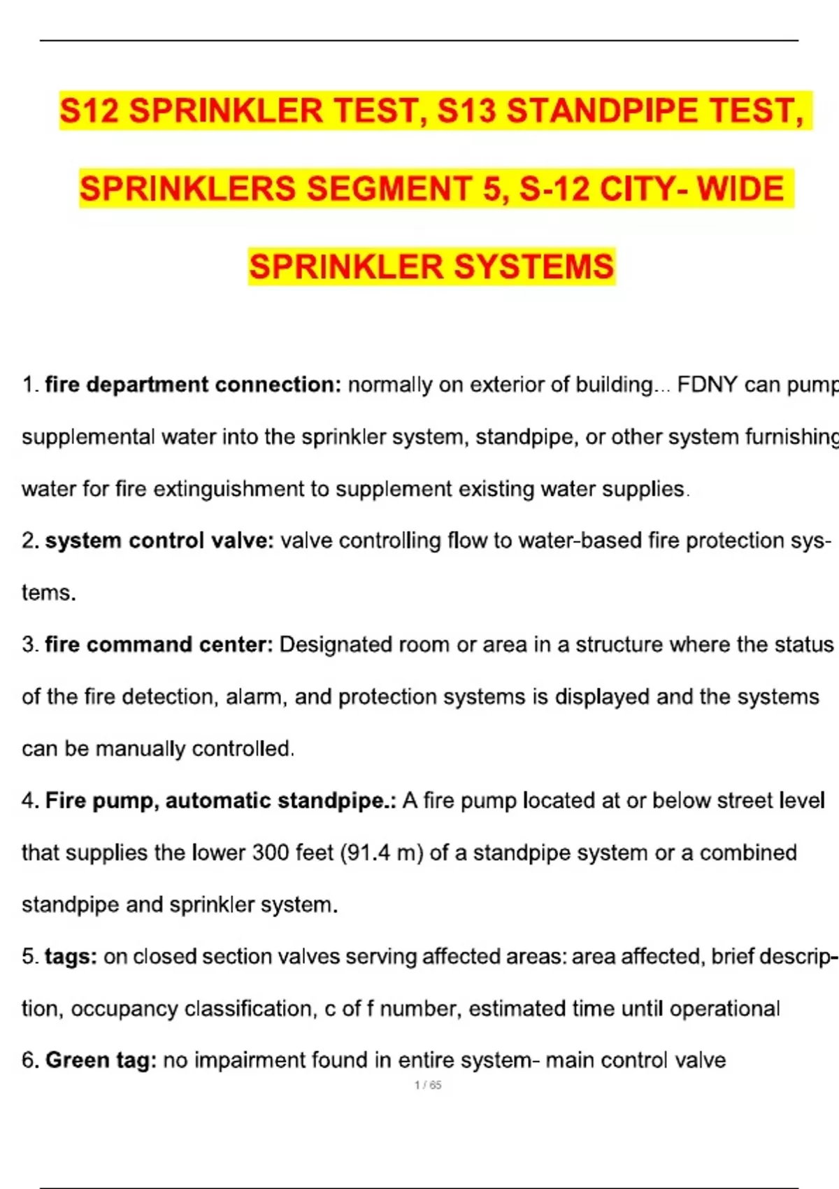 S12 sprinkler test, S13 standpipe test SPRINKLERS SEGMENT 5 S-12 ...