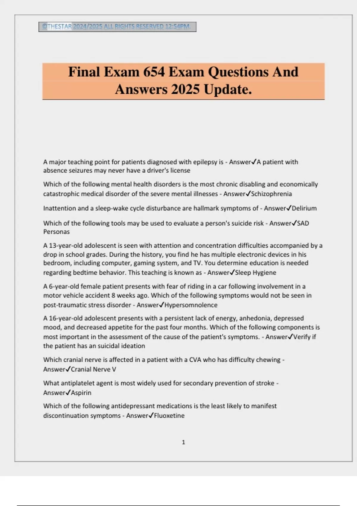 Final Exam 654 Exam Questions And Answers 2025 Update - Nurs - Stuvia US