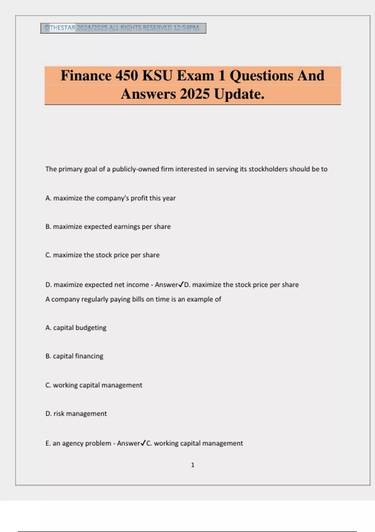Finance 450 KSU Exam 1 Questions And Answers 2025 Update. - Finance 450 ...