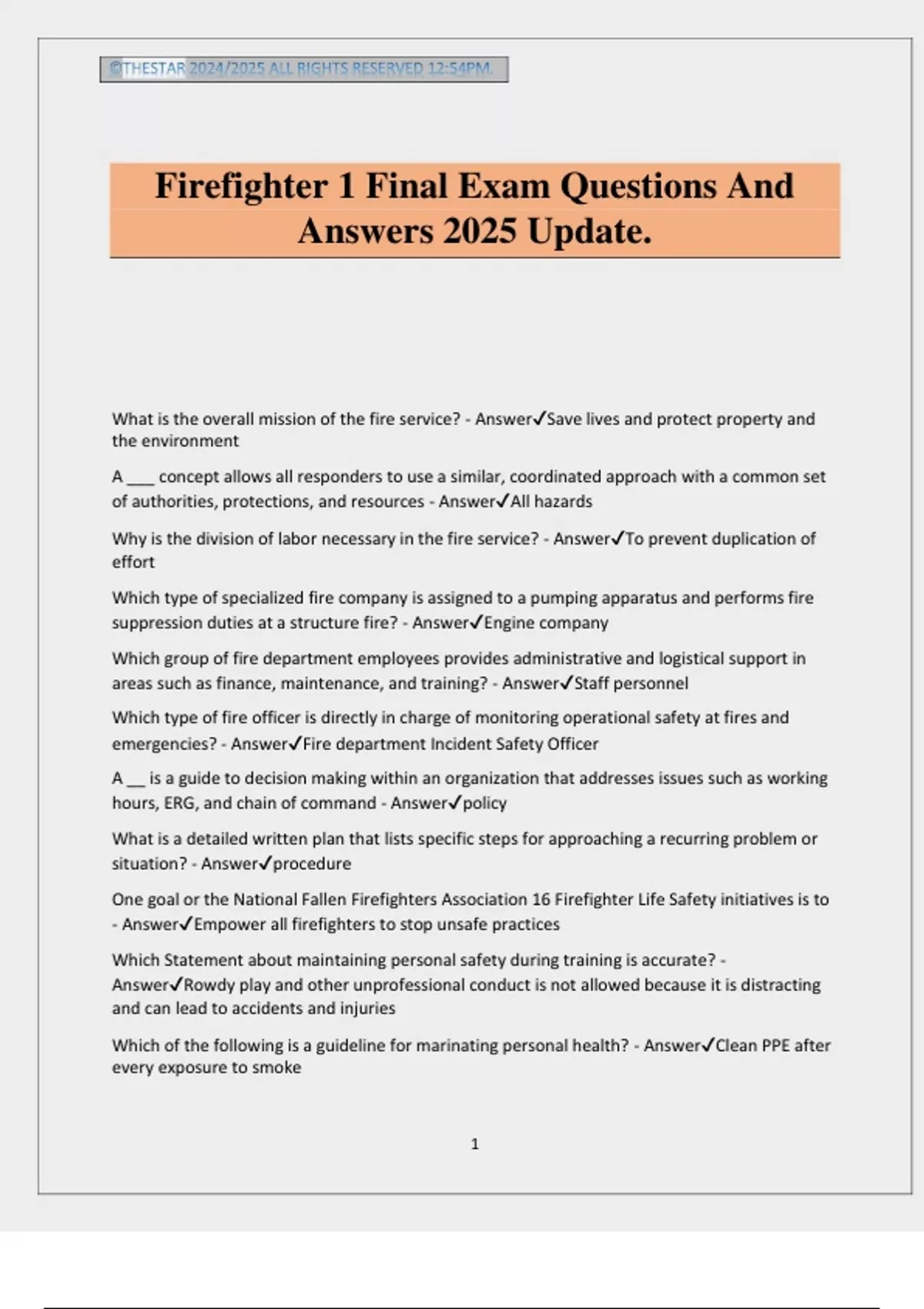 Firefighter 1 Final Exam Questions And Answers 2025 Update ...