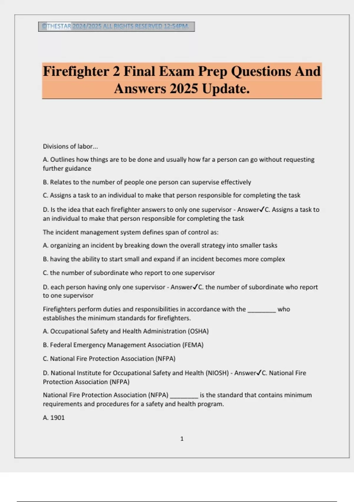 Firefighter 2 Final Exam Prep Questions And Answers 2025 Update - Firefighter 2 - Stuvia US