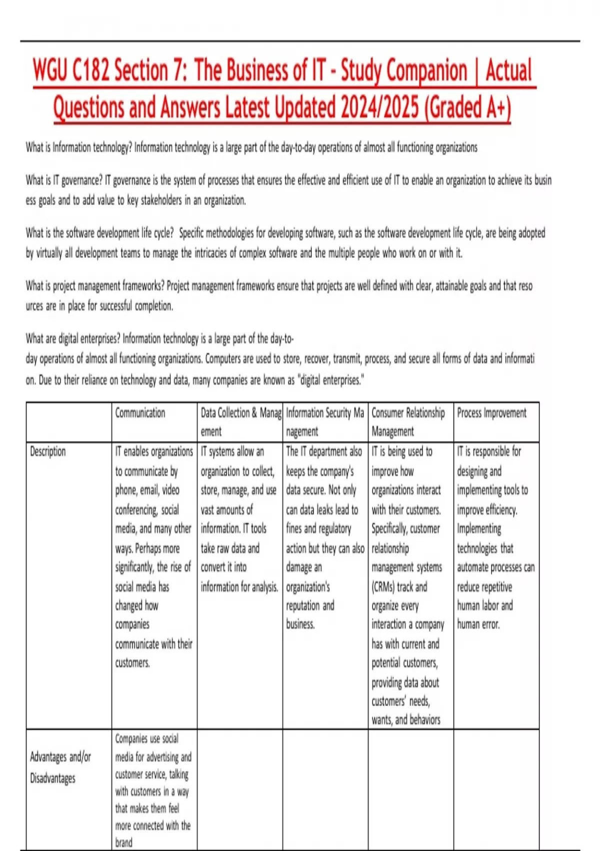 WGU C182 Section 7: The Business of IT – Study Companion | Actual ...