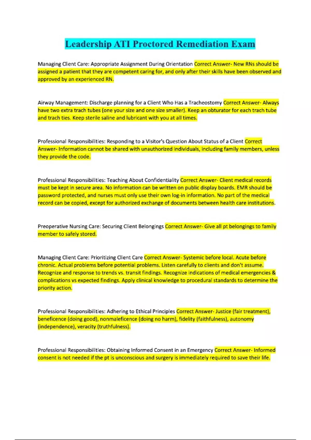 Leadership ATI Proctored Remediation Exam with complete answers - ATI RN. - Stuvia US