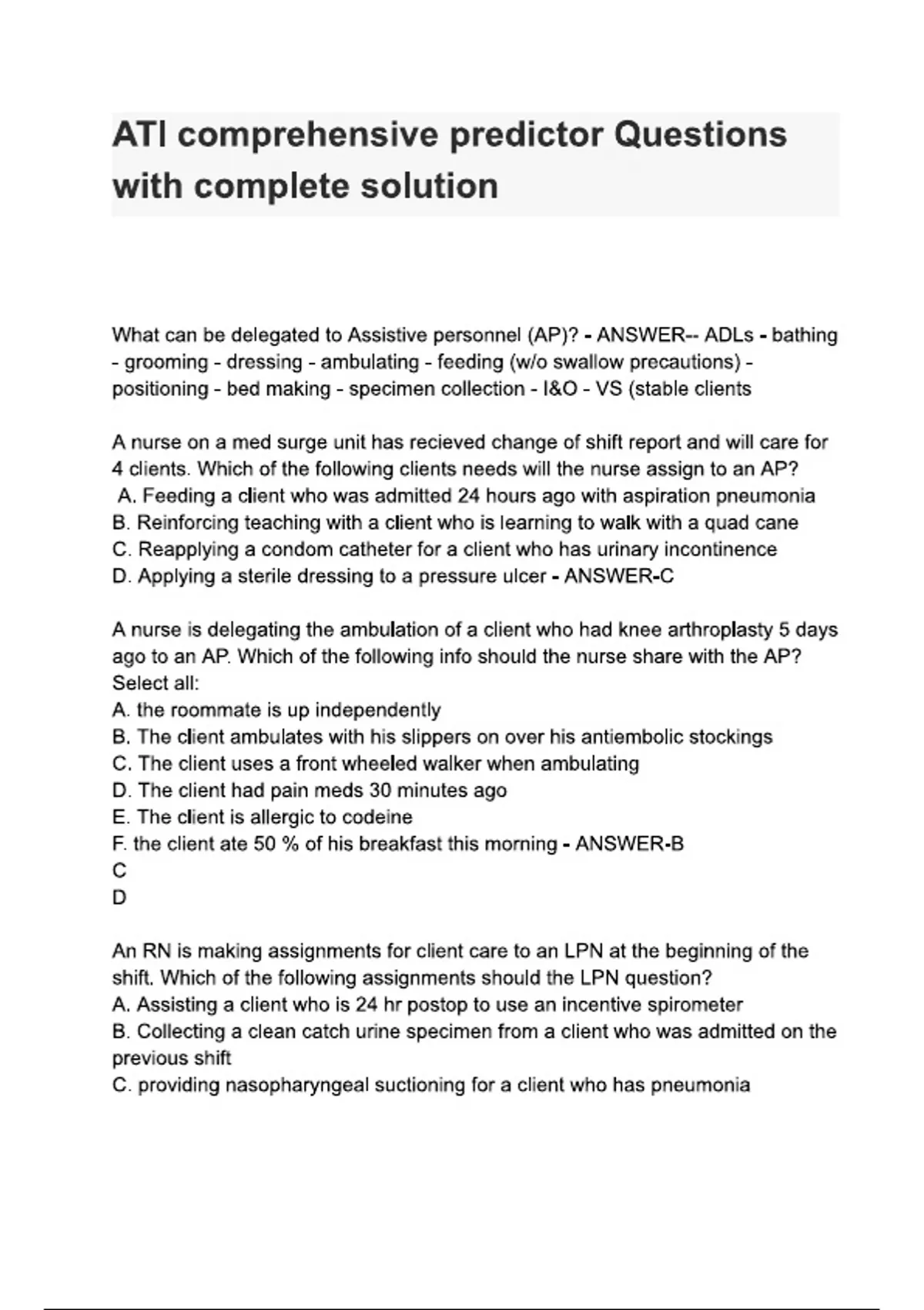 ATI comprehensive predictor Questions with complete solution - ATI RN. - Stuvia US