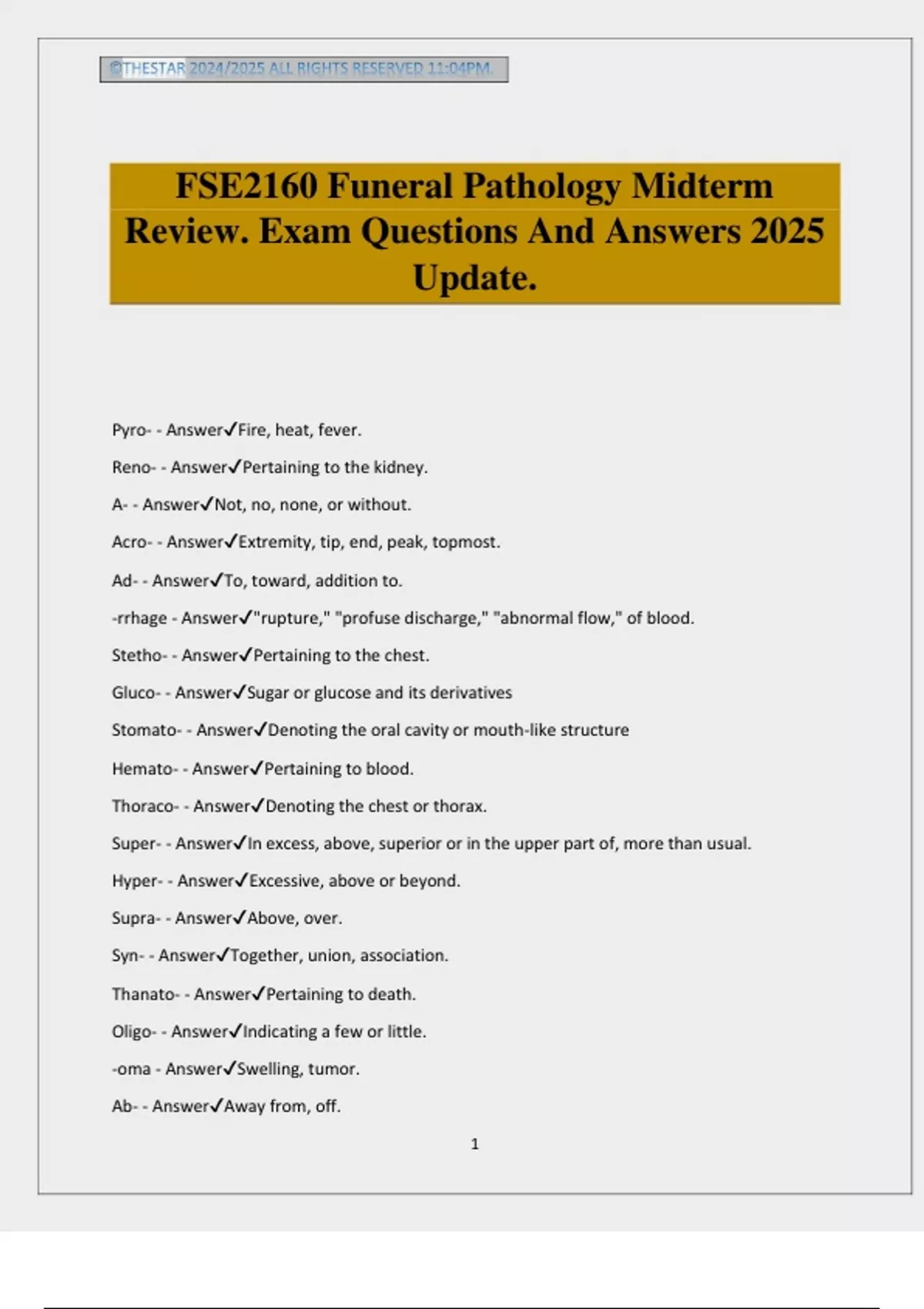 FSE2160 Funeral Pathology Midterm Review. Exam Questions And Answers ...