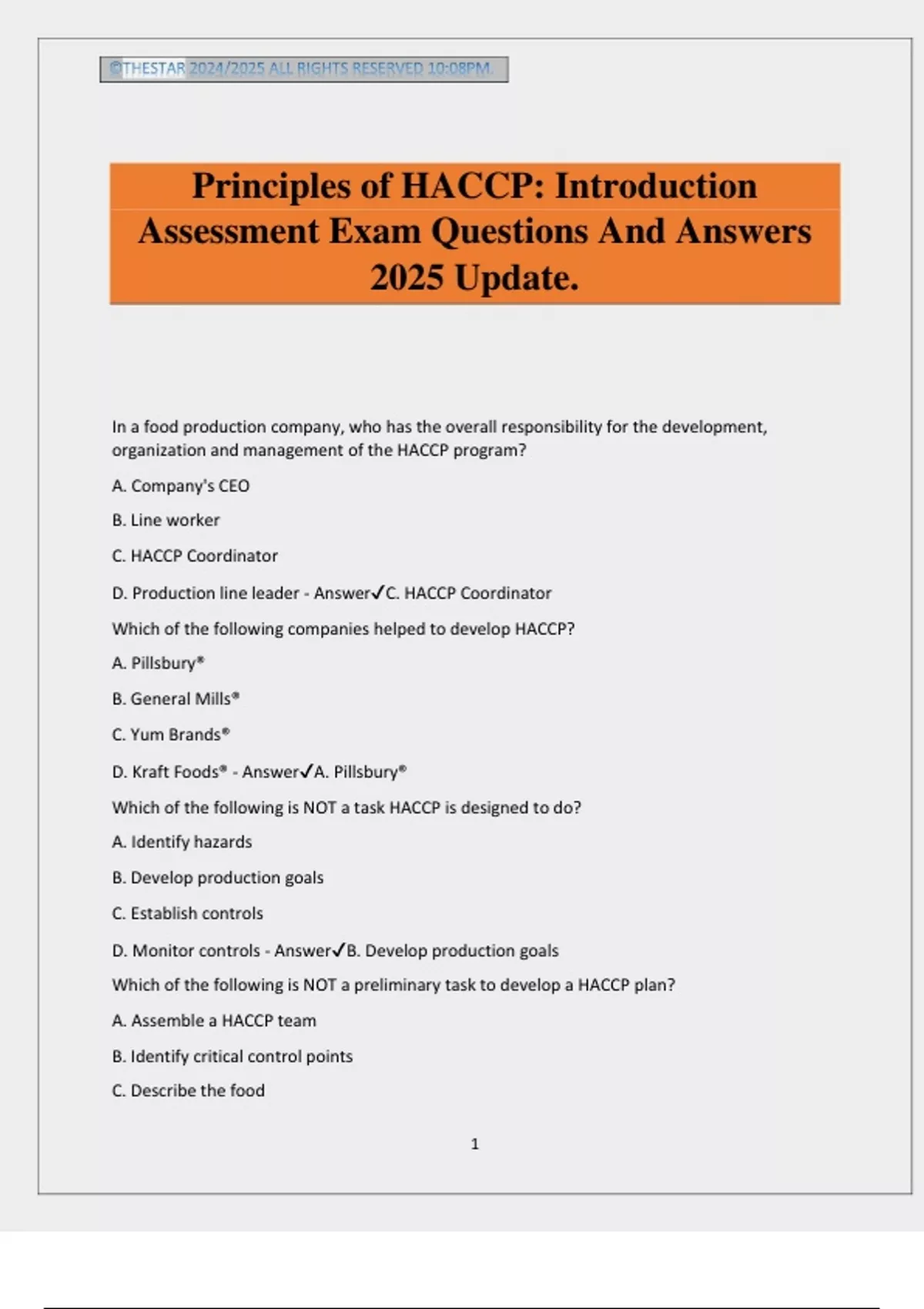 Principles of HACCP: Introduction Assessment Exam Questions And Answers ...