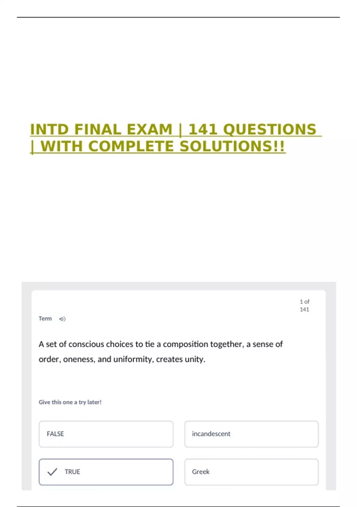 INTD FINAL EXAM | 141 QUESTIONS | WITH COMPLETE SOLUTIONS!! - INTD ...