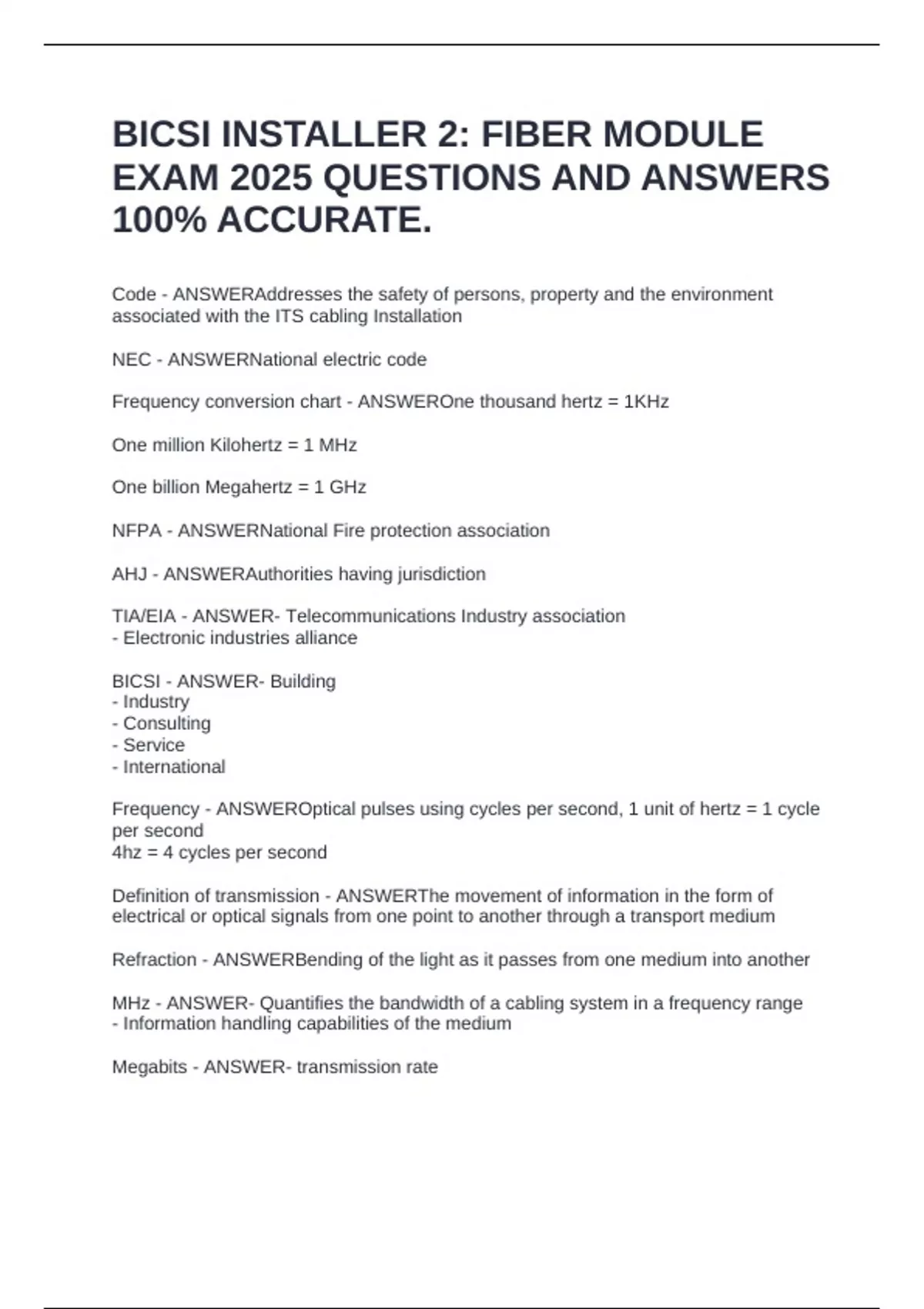 BICSI INSTALLER 2: FIBER MODULE EXAM 2025 QUESTIONS AND ANSWERS 100% ...