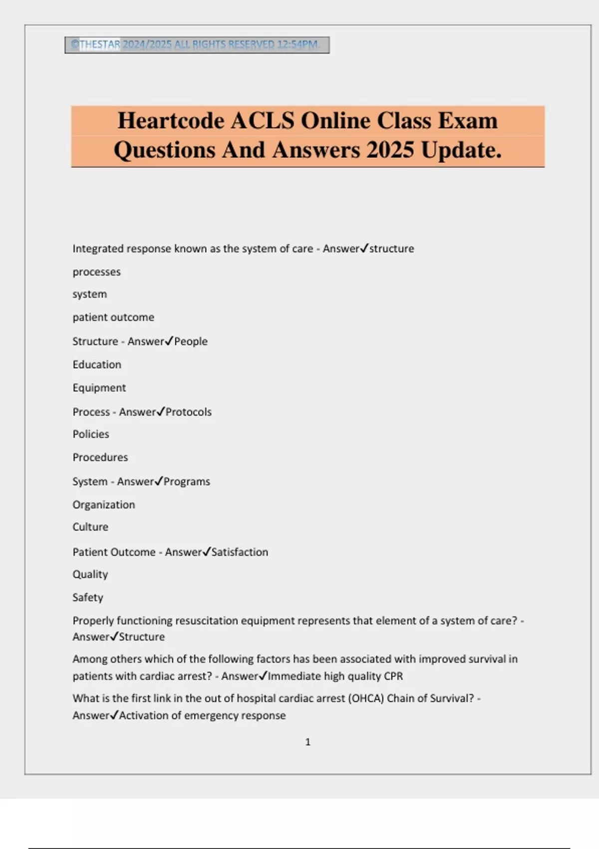 Heartcode ACLS Online Class Exam Questions And Answers 2025 Update ...