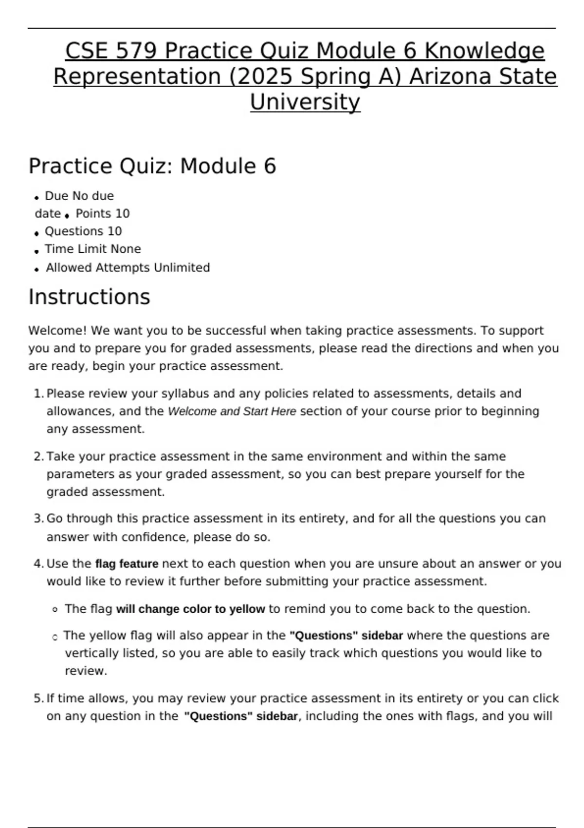 CSE 579 Practice Quiz Module 6 Knowledge Representation (2025 Spring A) Arizona State University ...