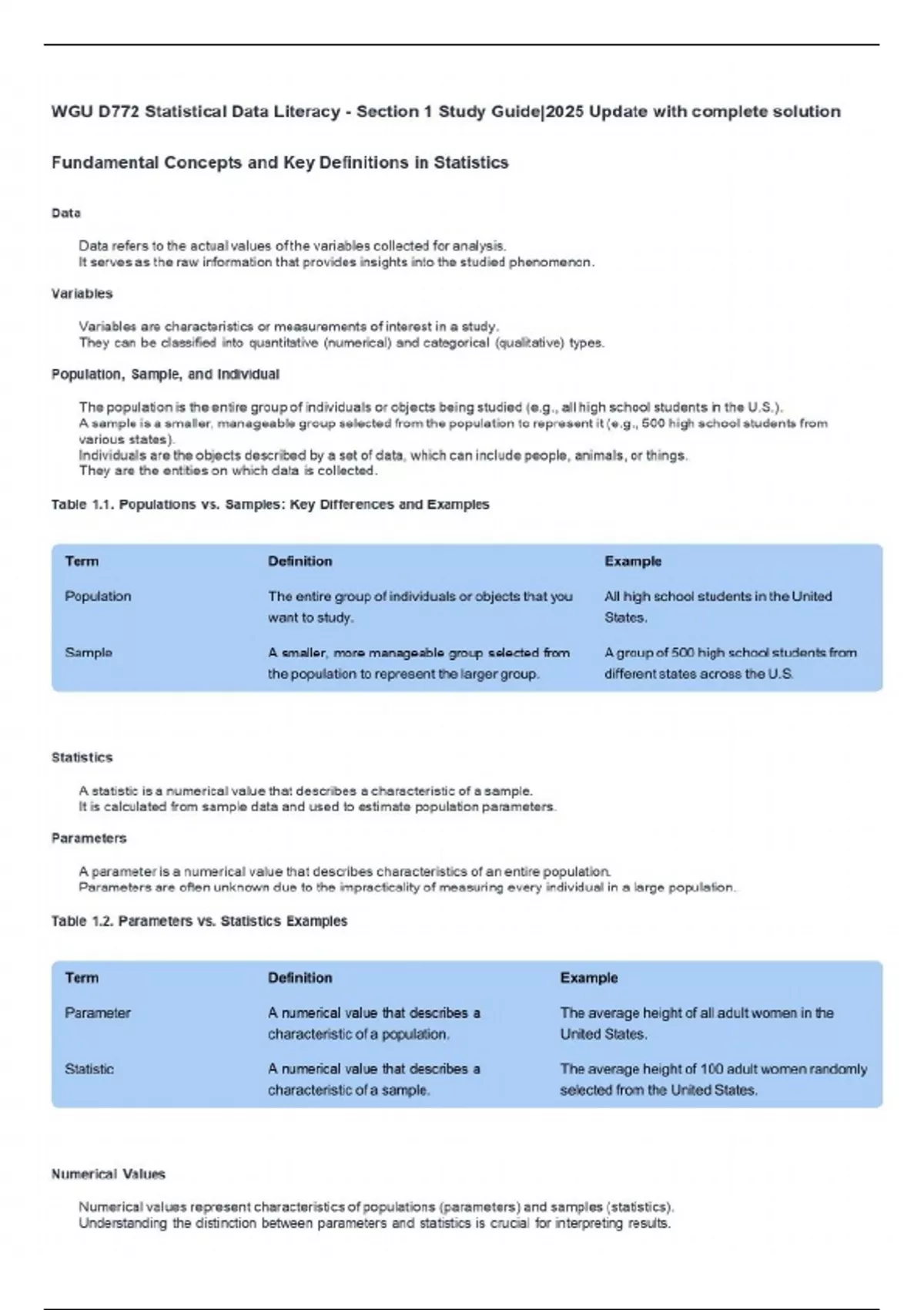 WGU D772 Statistical Data Literacy - Section 1,2 and 3 Bundle with ...