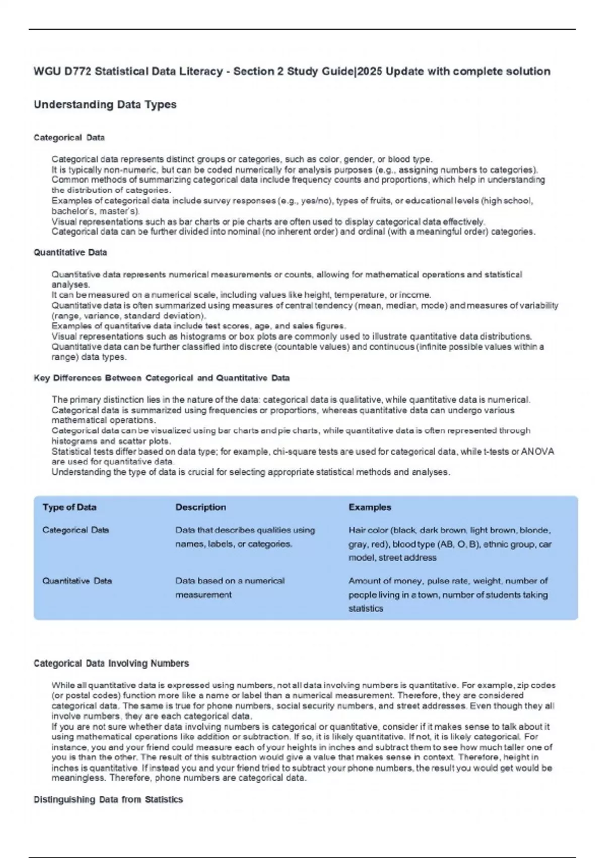 WGU D772 Statistical Data Literacy - Section 2 Study Guide|2025 Update ...