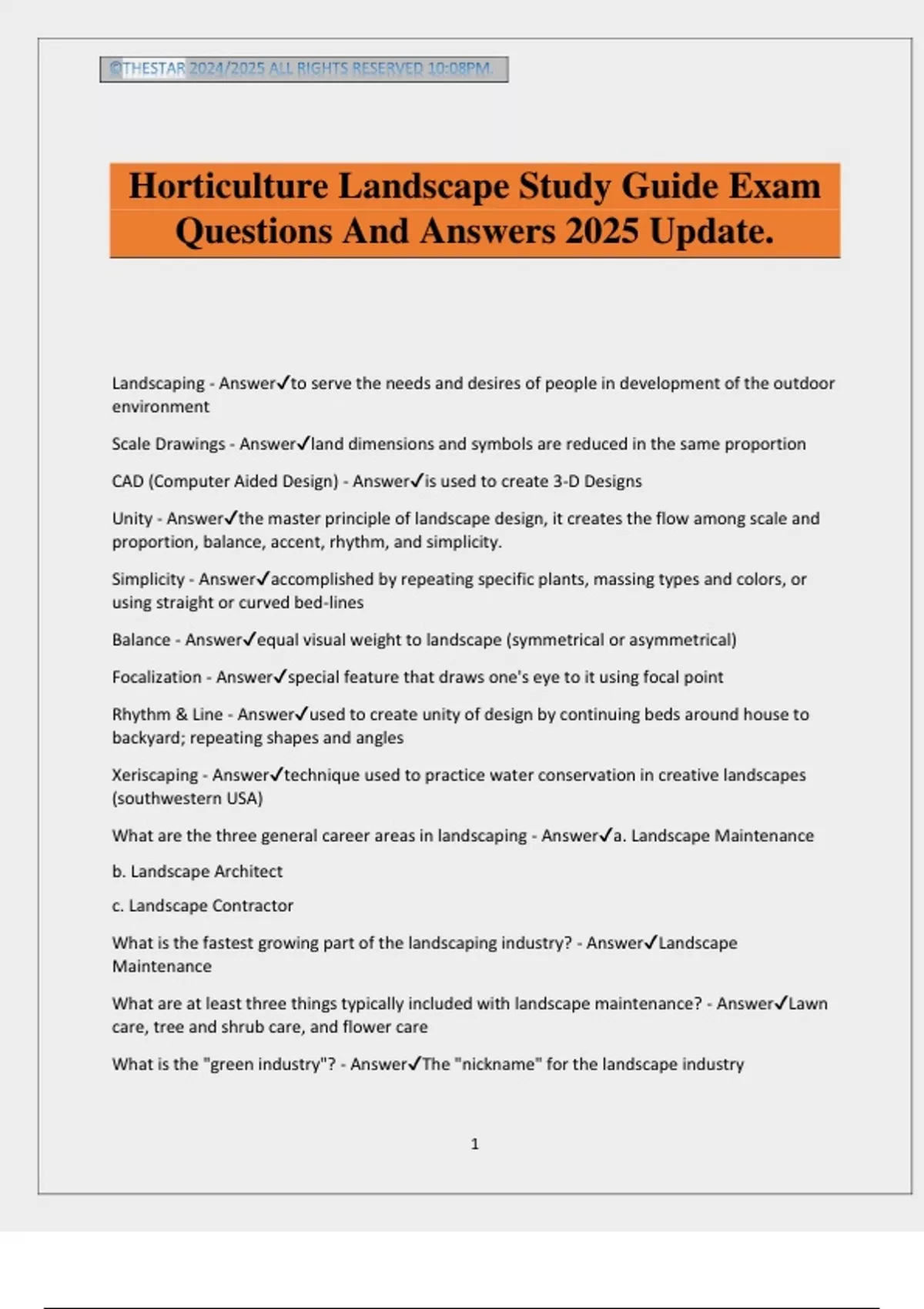 Horticulture Landscape Study Guide Exam Questions And Answers 2025 ...