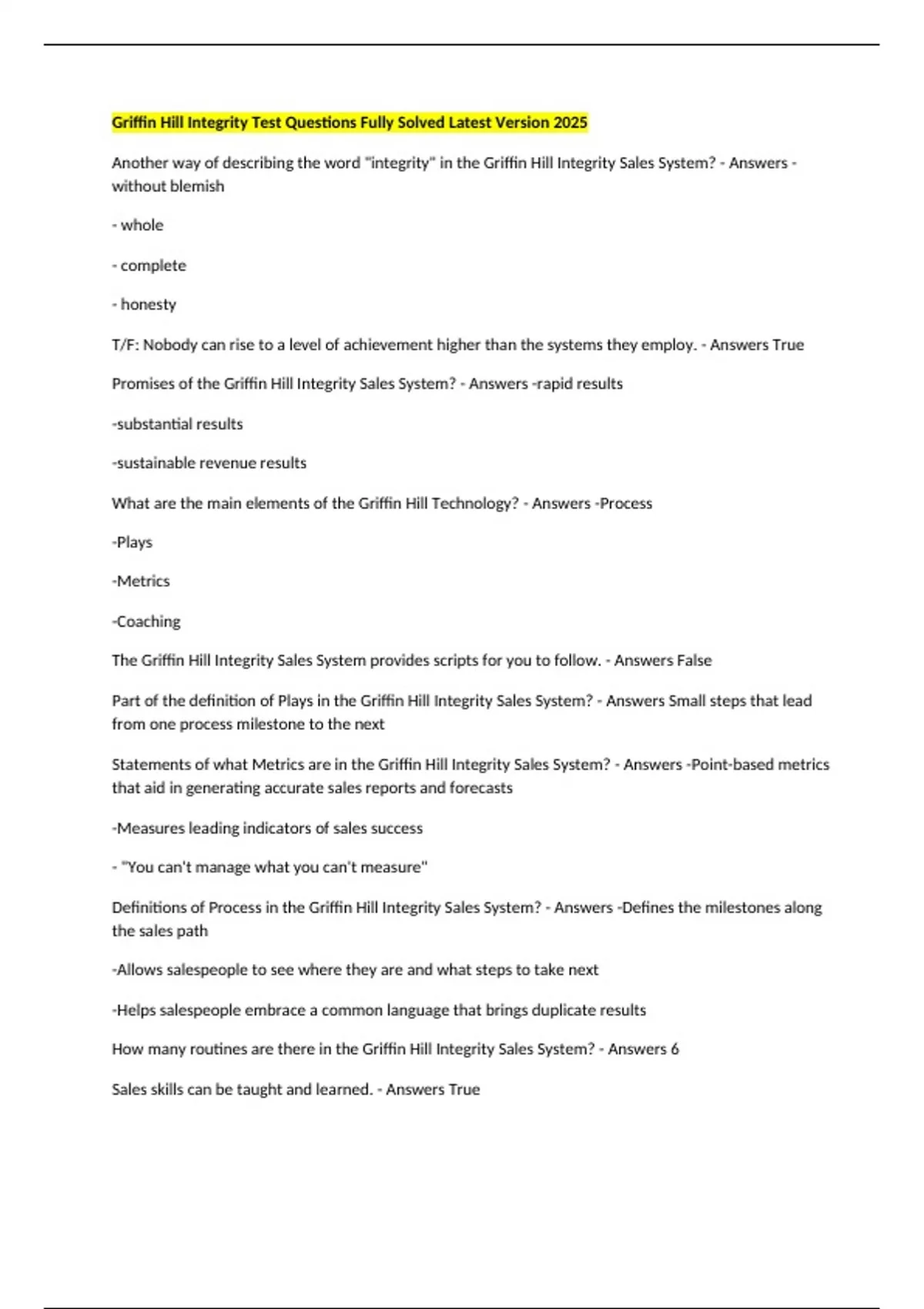 Griffin Hill Integrity Test Questions Fully Solved Latest Version 2025 ...