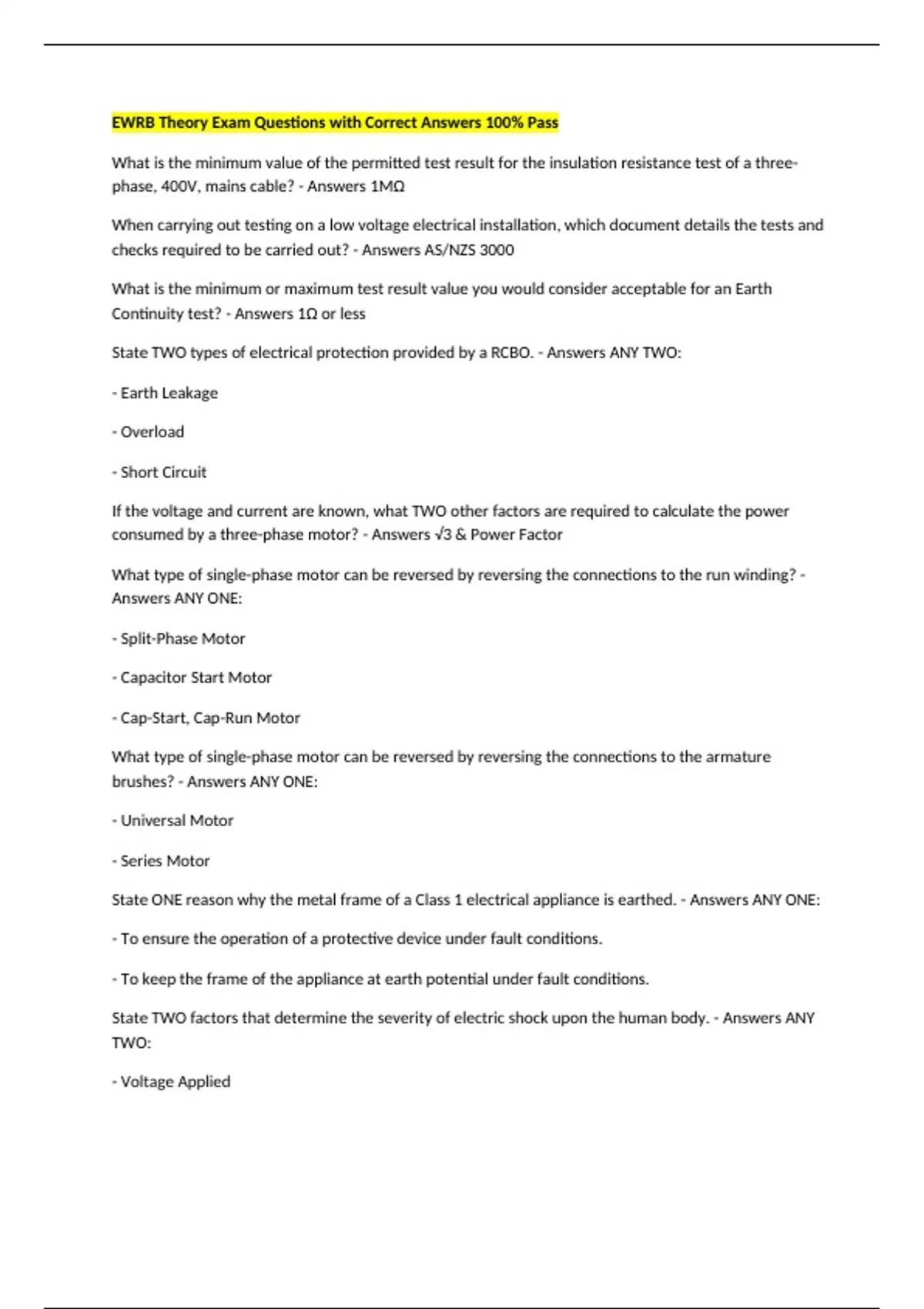 EWRB Theory Exam Questions with Correct Answers 100% Pass - EWRB ...