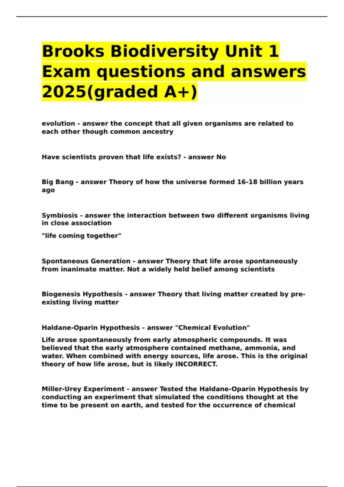 Brooks Biodiversity Unit 1 Exam questions and answers 2025(graded A+). - Brooks Biodiversity ...