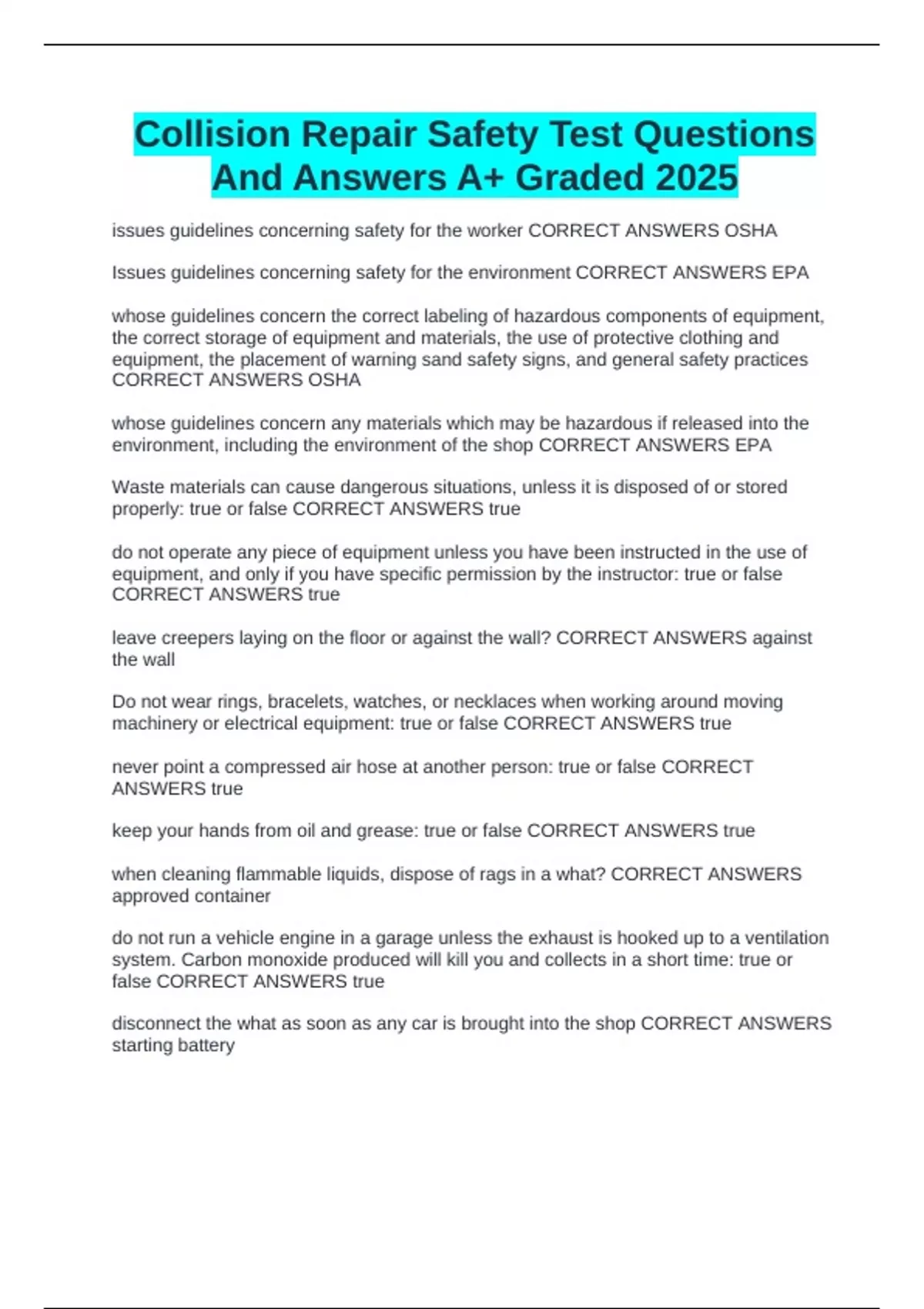 Collision Repair Safety Test Questions And Answers A+ Graded 2025 ...