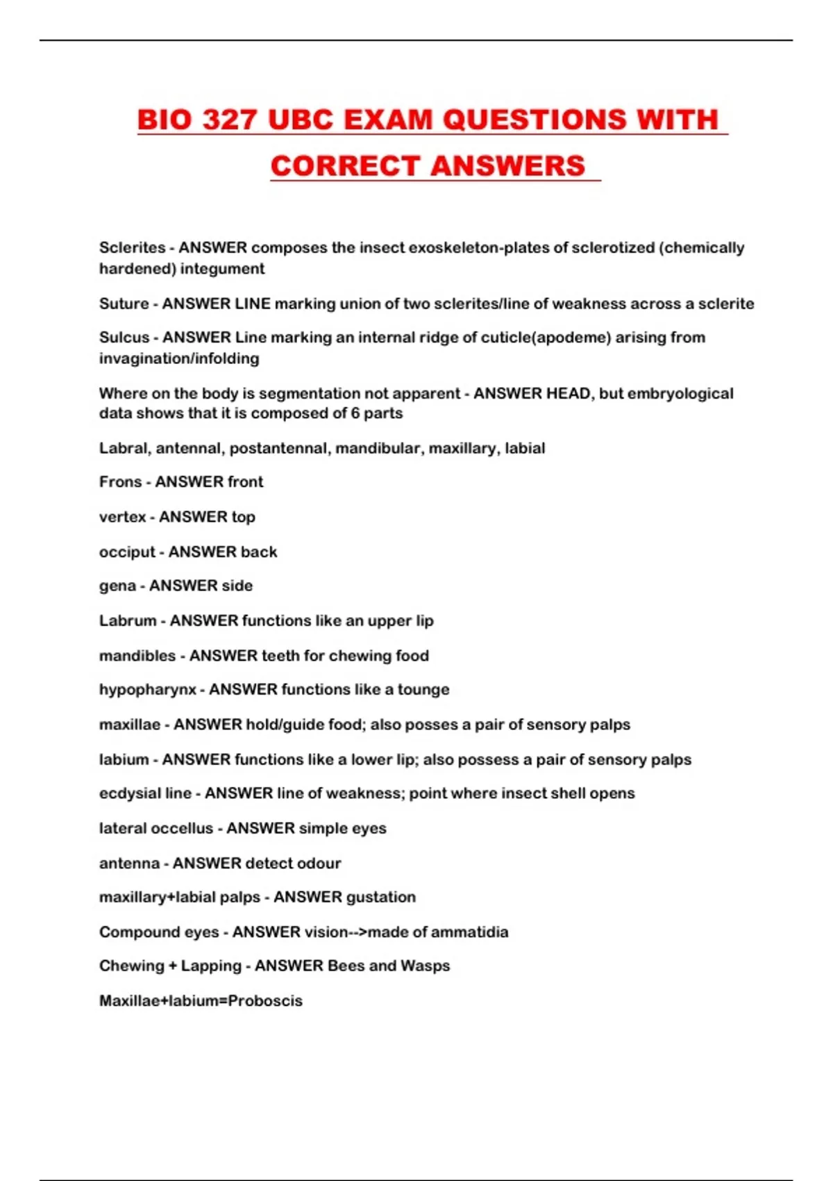 BIO 327 UBC EXAM QUESTIONS WITH CORRECT ANSWERS - BIO 327 UBC - Stuvia US