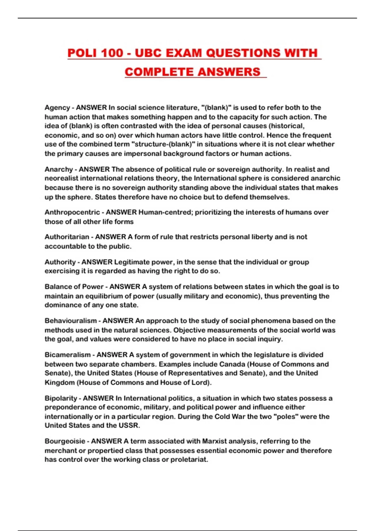 POLI 100 - UBC EXAM QUESTIONS WITH COMPLETE ANSWERS - POLI 100 - UBC ...