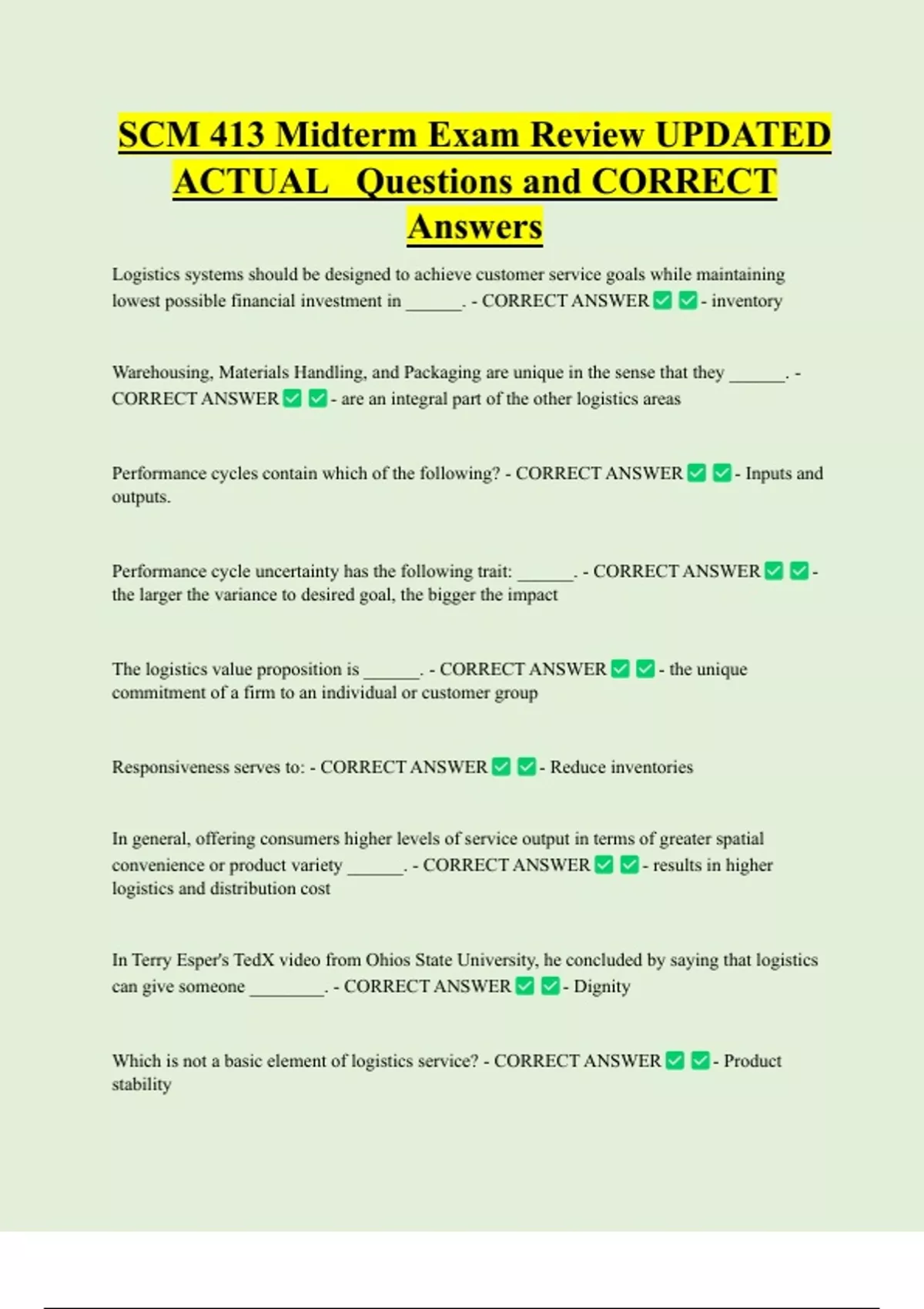 SCM 413 Bundled Exam Questions WITH CORRECT Answers - Stuvia US