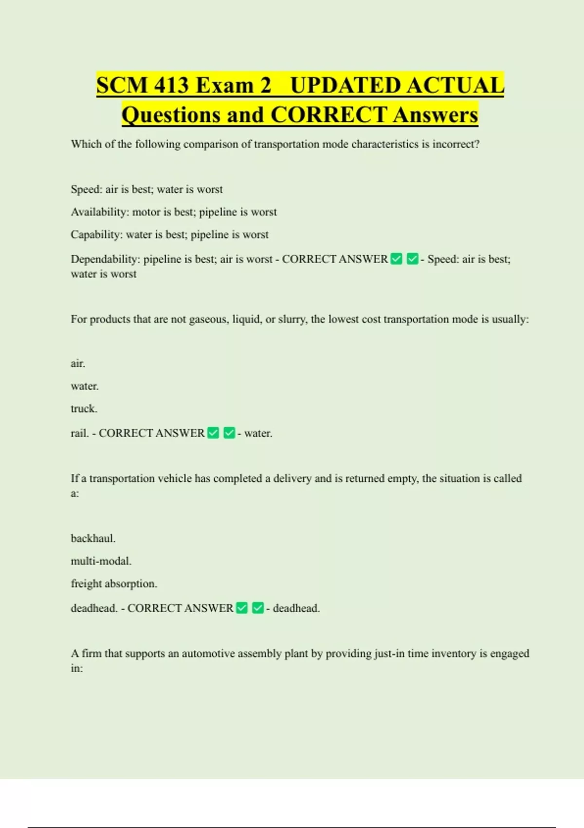 SCM 413 Exam 2 UPDATED ACTUAL Questions and CORRECT Answers - SCM 413 ...