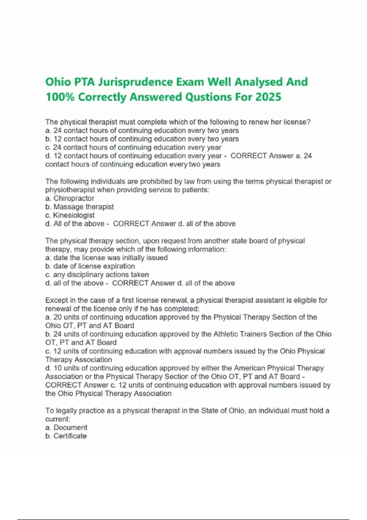 Ohio PTA Jurisprudence Exam Well Analysed And 100% correctly answered For The Year 2025 ...