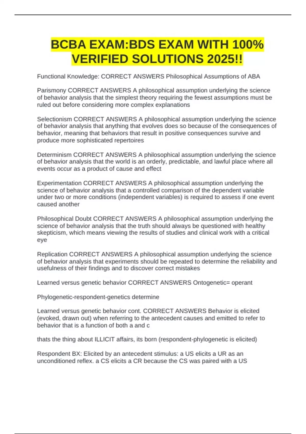 BCBA EXAM:BDS EXAM WITH 100% VERIFIED SOLUTIONS 2025!! - BDS - Stuvia US