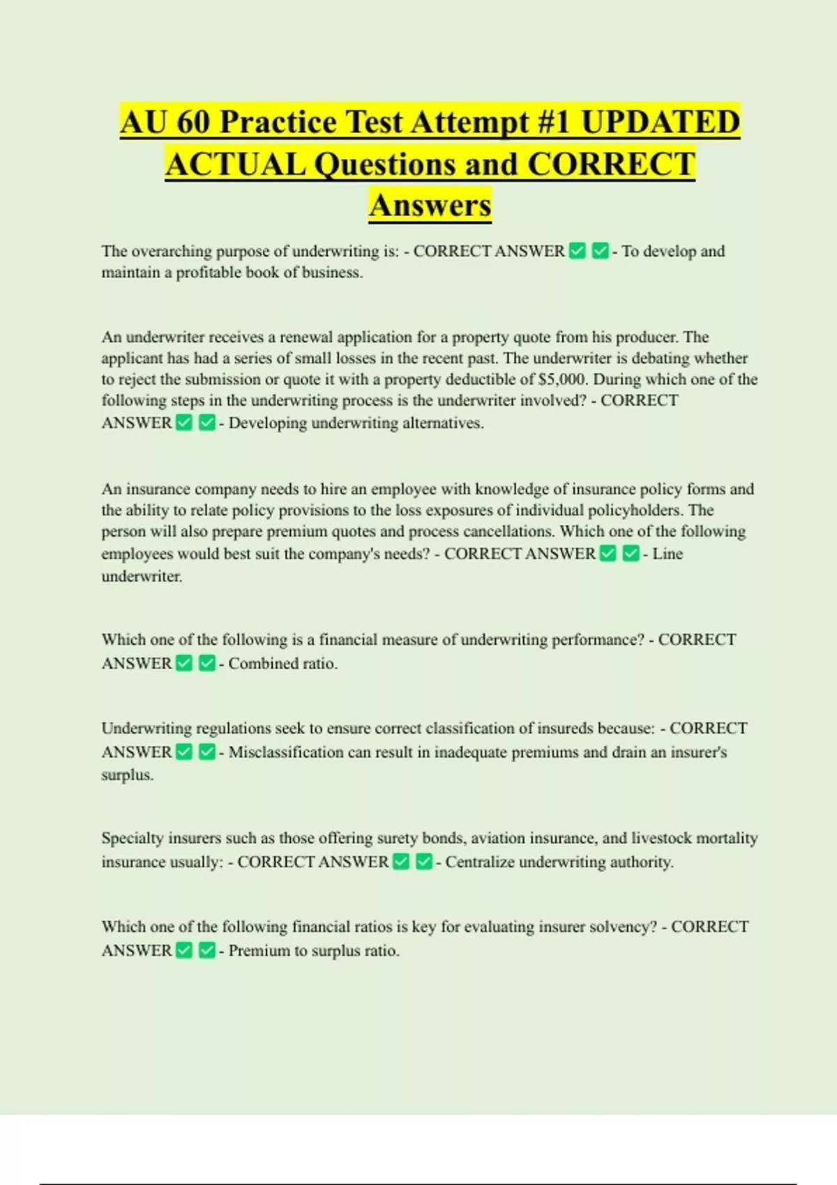 AU 60 Practice Test Attempt #1 UPDATED ACTUAL Questions and CORRECT ...