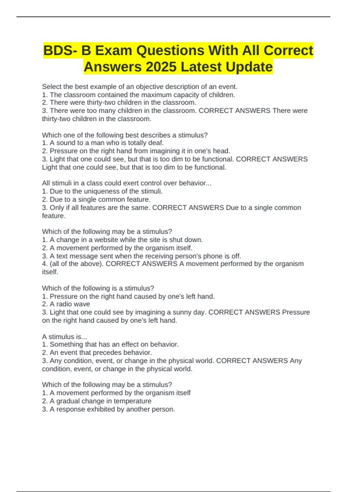 BDS- B Exam Questions With All Correct Answers 2025 Latest Update - BDS ...