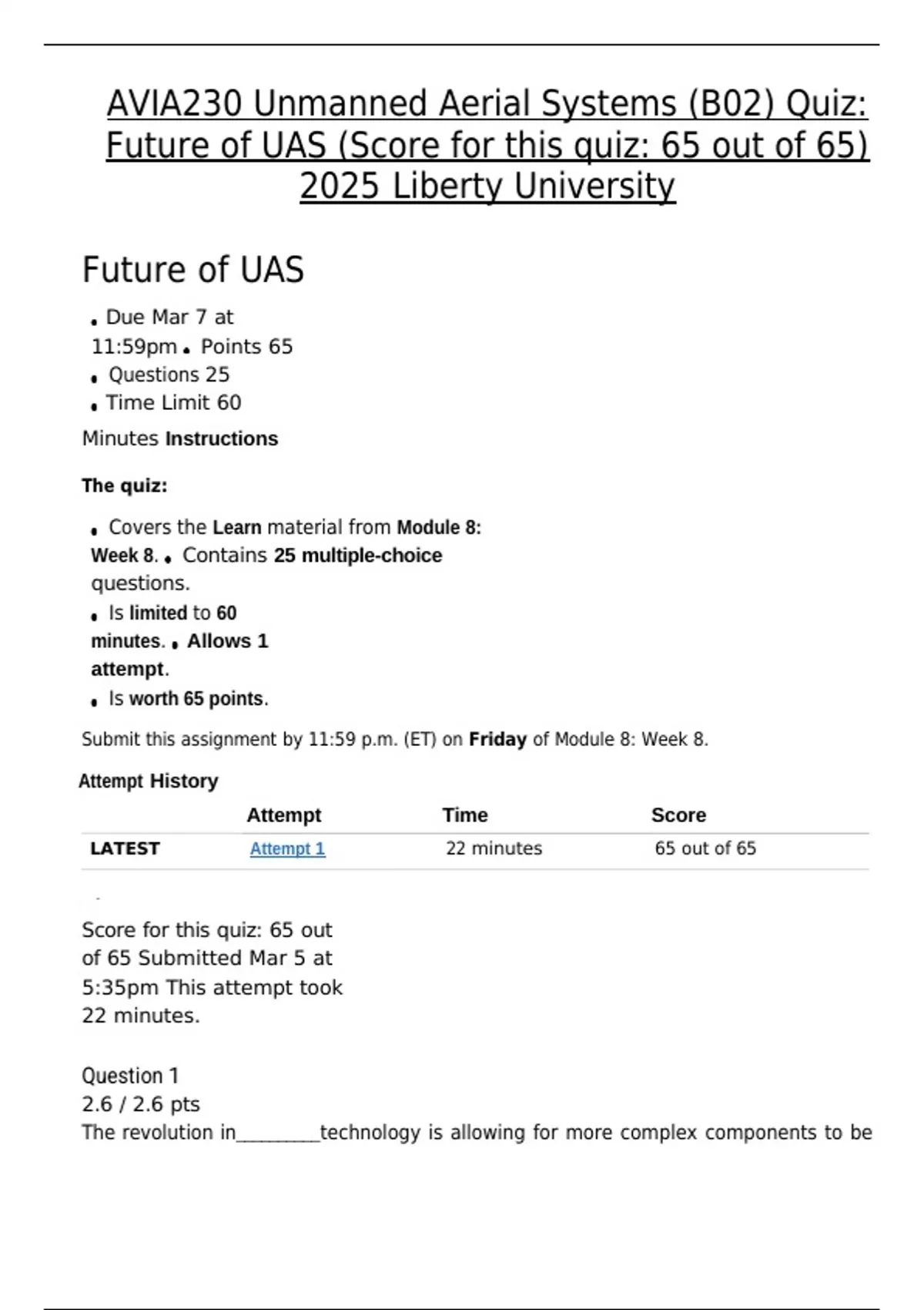 AVIA230 Unmanned Aerial Systems (B02) Quiz: Future of UAS (Score for ...