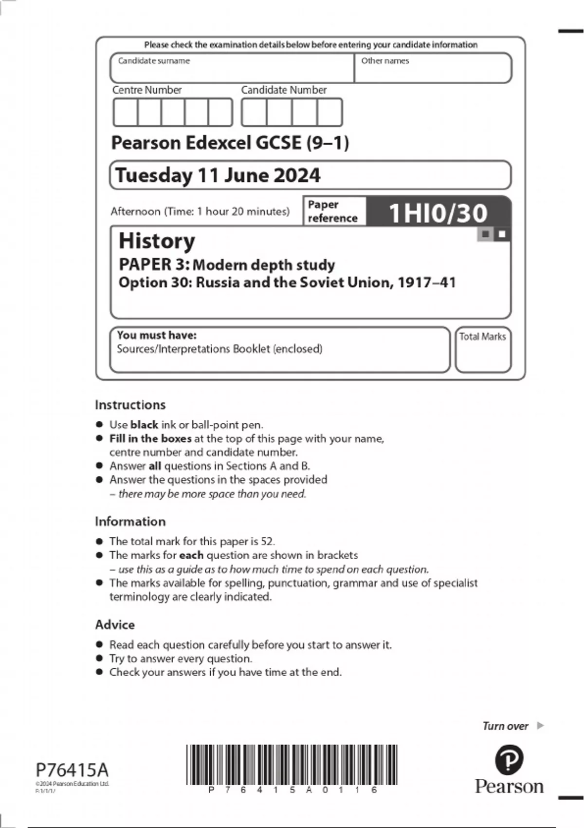 Pearson Edexcel GCSE (9–1) History PAPER 3: Modern depth study Option ...