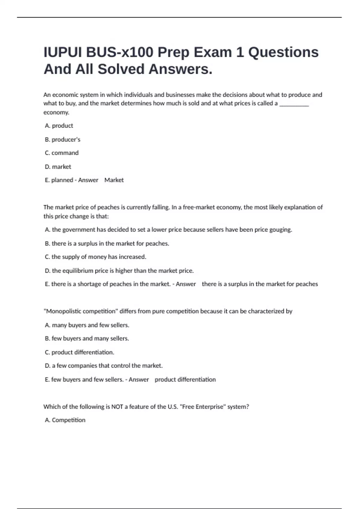 IUPUI BUS-x100 Prep Exam 1 Questions And All Solved Answers. - MHR 322 ...