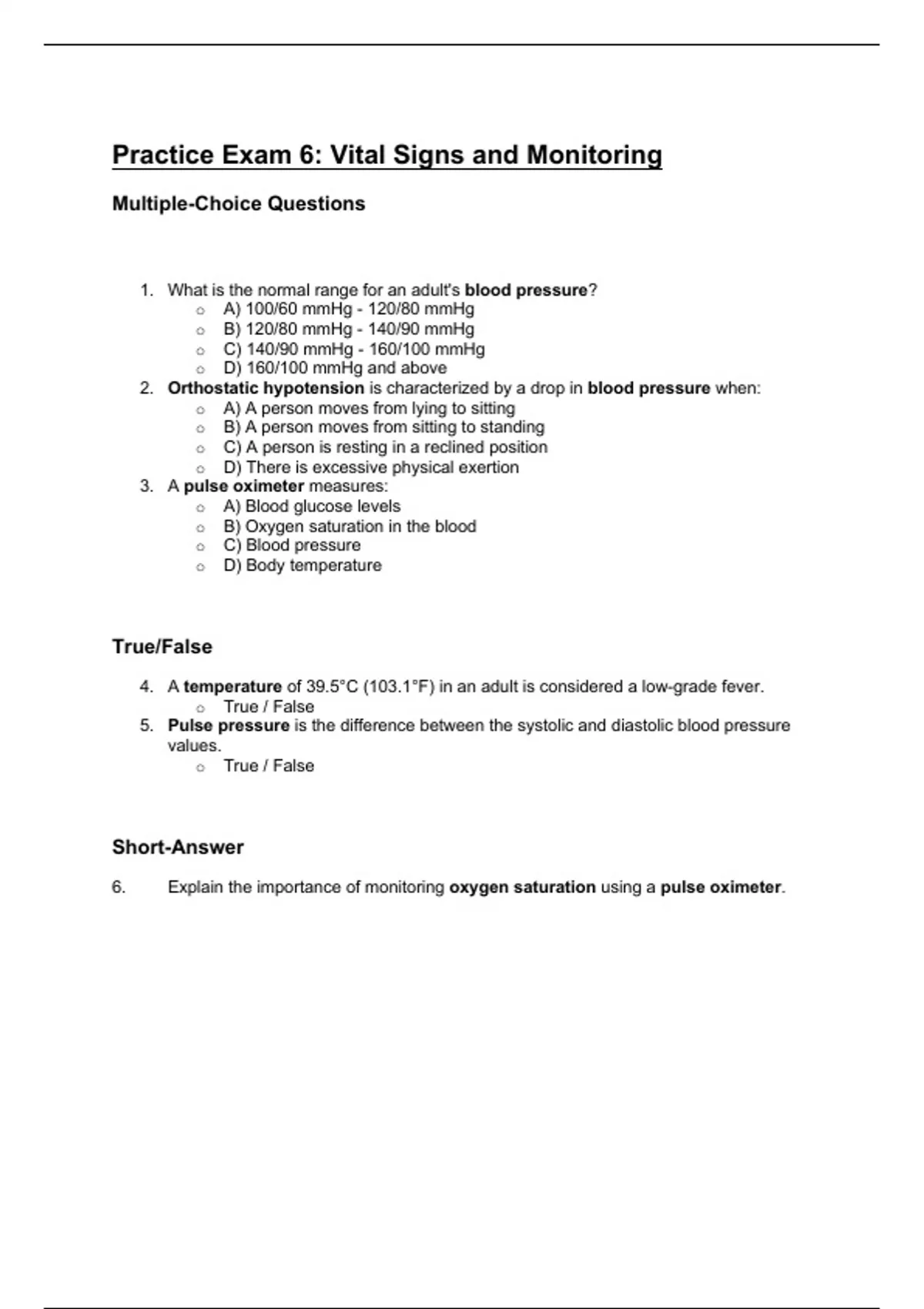 Practice Exam Part 2 Nursing (Vital Signs, Infection Control, Health ...