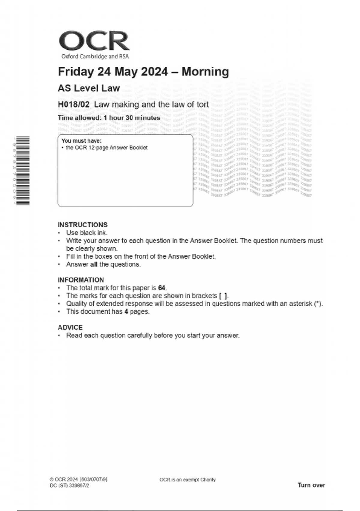 OCR AS Level Law H018/02 Law making and the law of tort MAY 2024 Question Paper and Mark Scheme ...