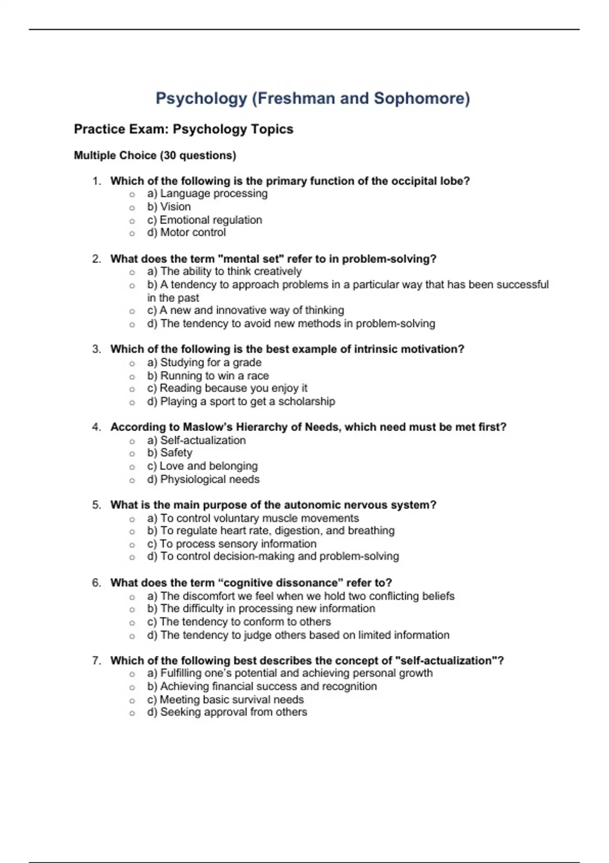 Practice Exam (Freshman and Sophomore) With Answers - Nursing - Stuvia US