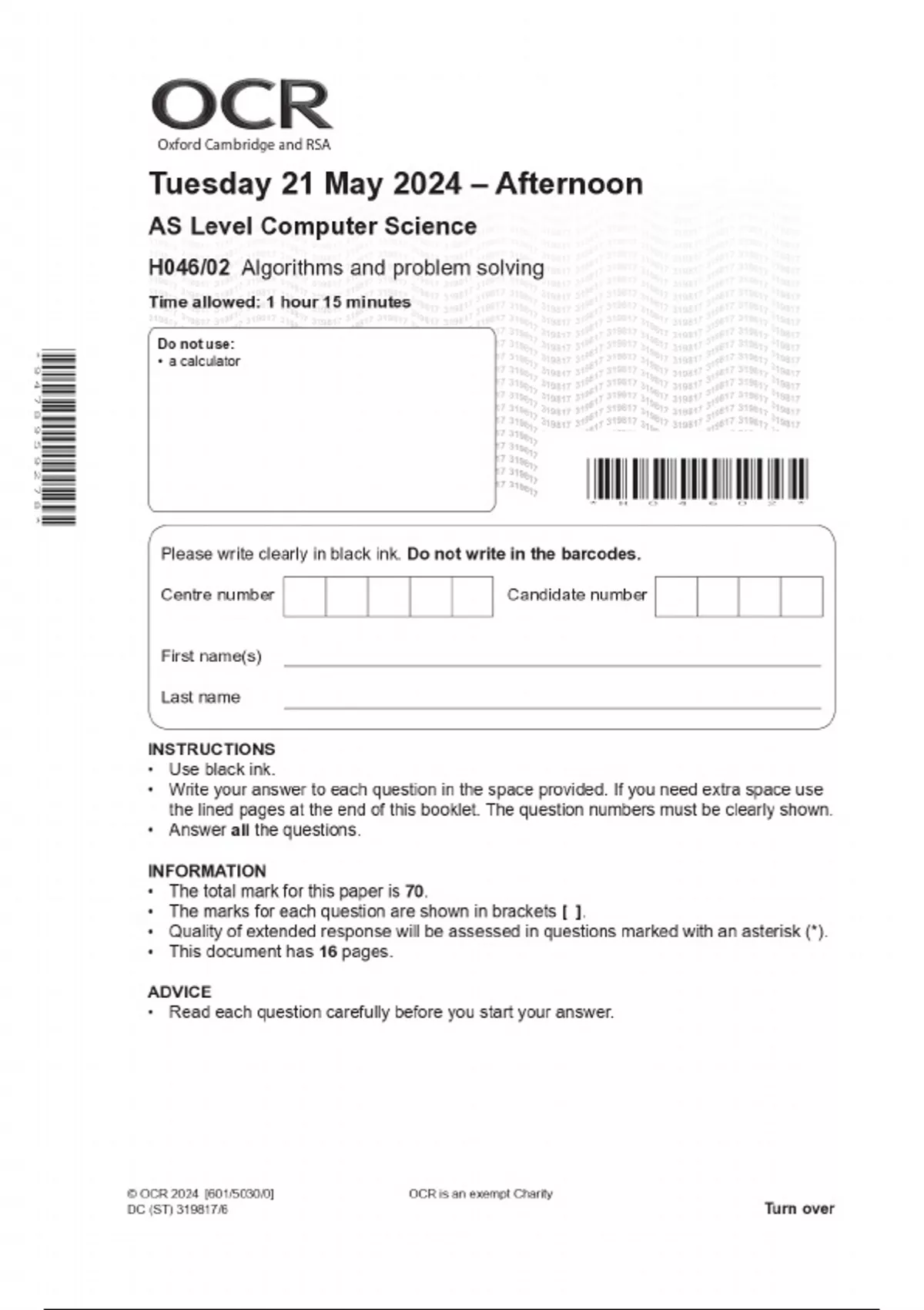 Ocr As Level Computer Science H04602 Algorithms And Problem Solving May 2024 Question Paper And