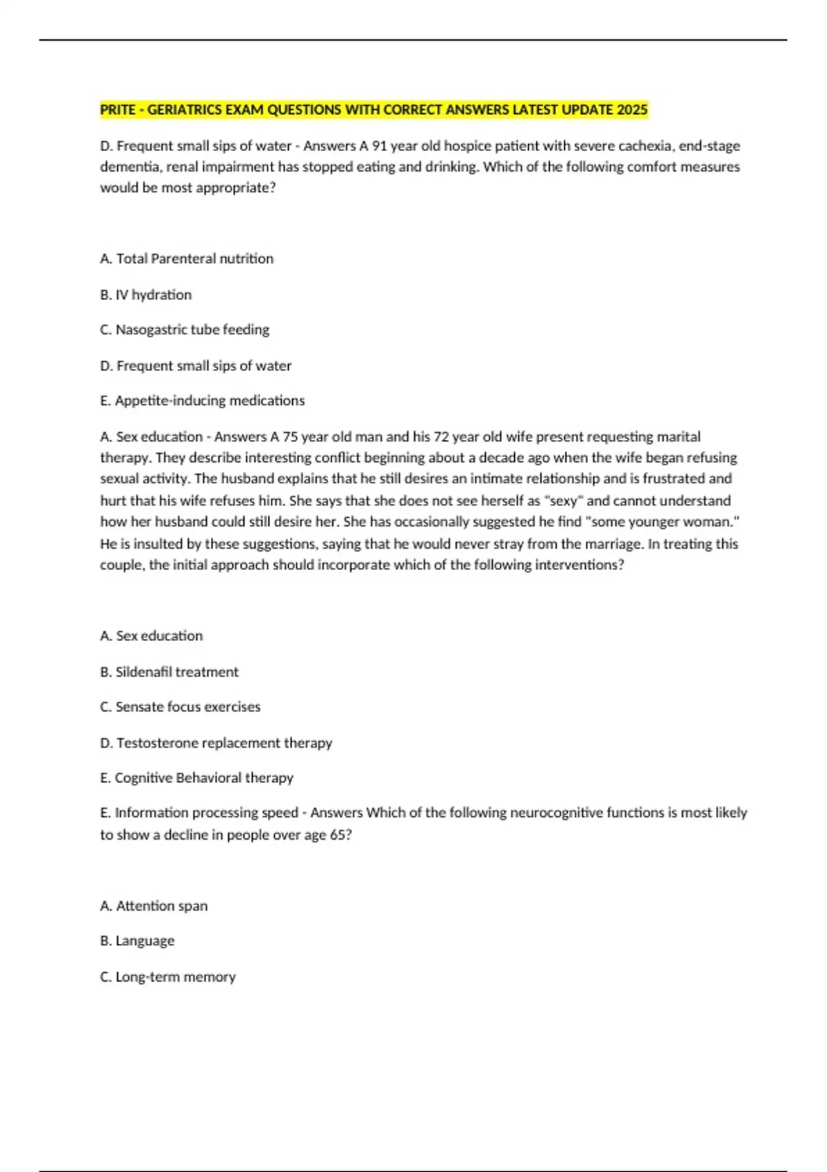 PRITE - GERIATRICS EXAM QUESTIONS WITH CORRECT ANSWERS LATEST UPDATE ...